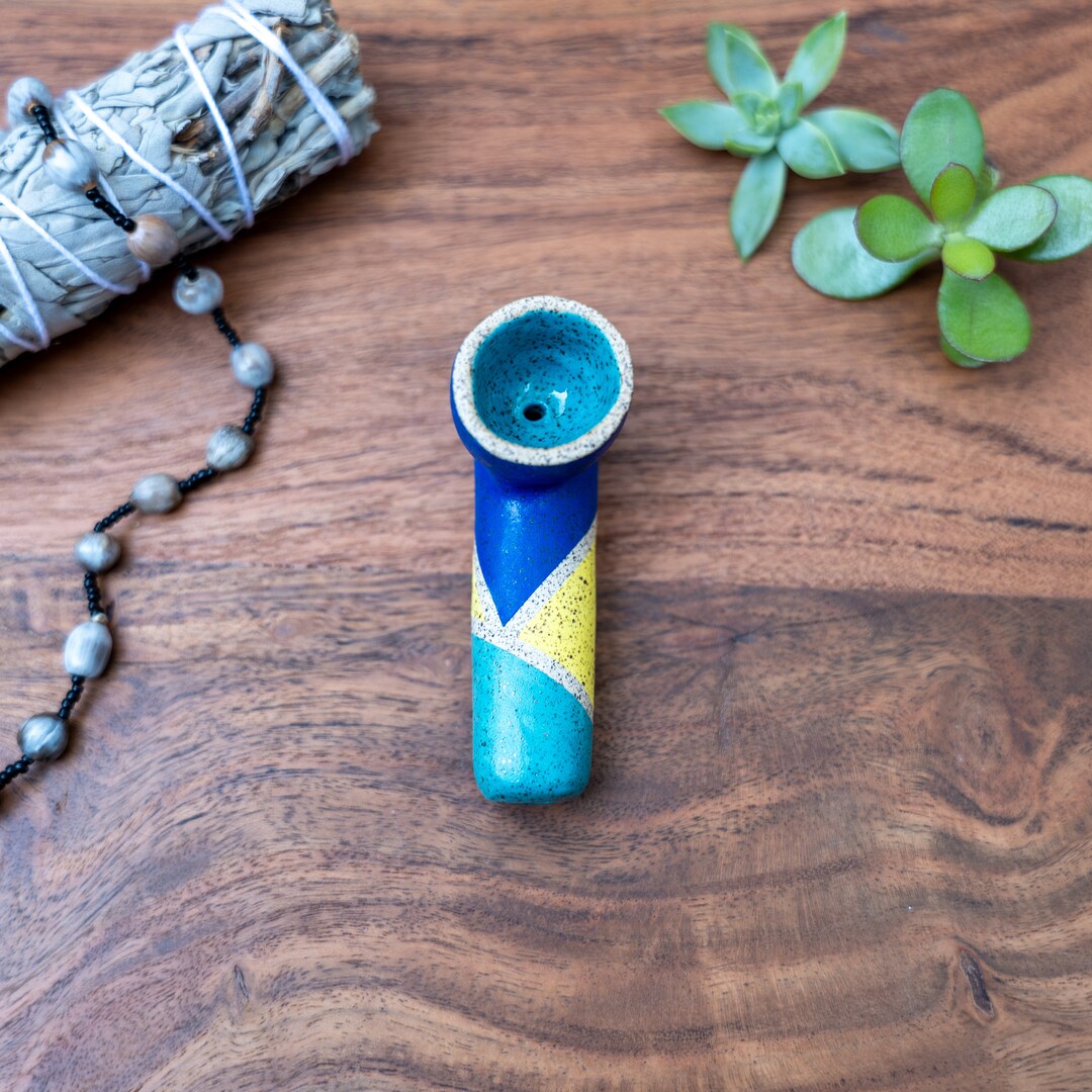 XL Pottery Smoking Pipe Blue Yellow Colors Handmade Clay Pipes Large ...