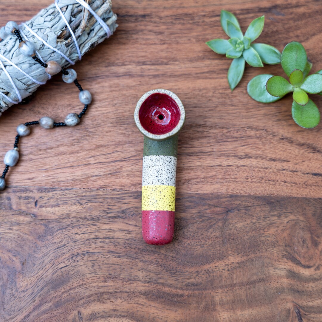 XL Pottery Smoking Pipe - Green Red Colors - Handmade Clay Pipes ...