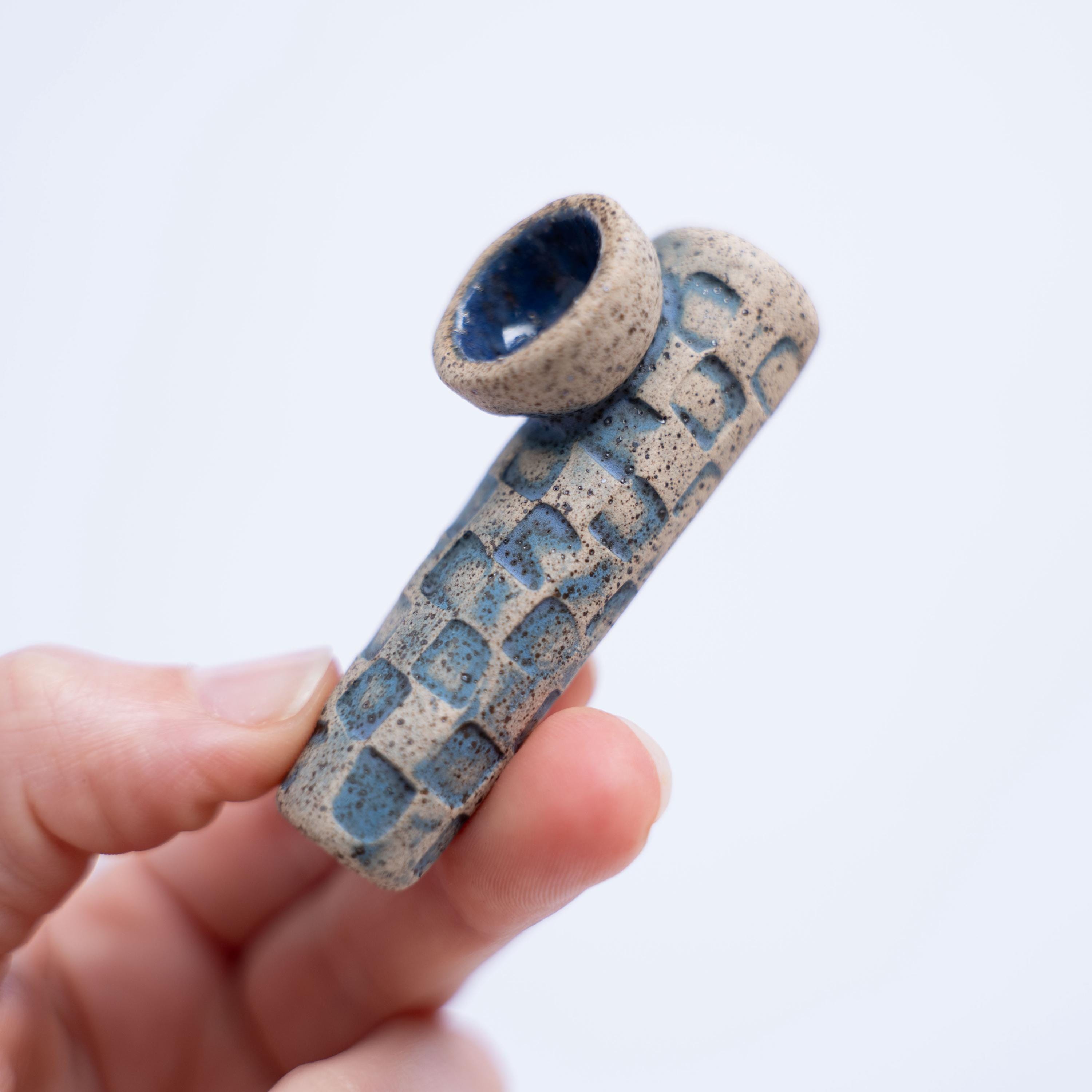 Small Pottery Smoking Pipe - Blue Checkered Textures - Handmade Clay ...