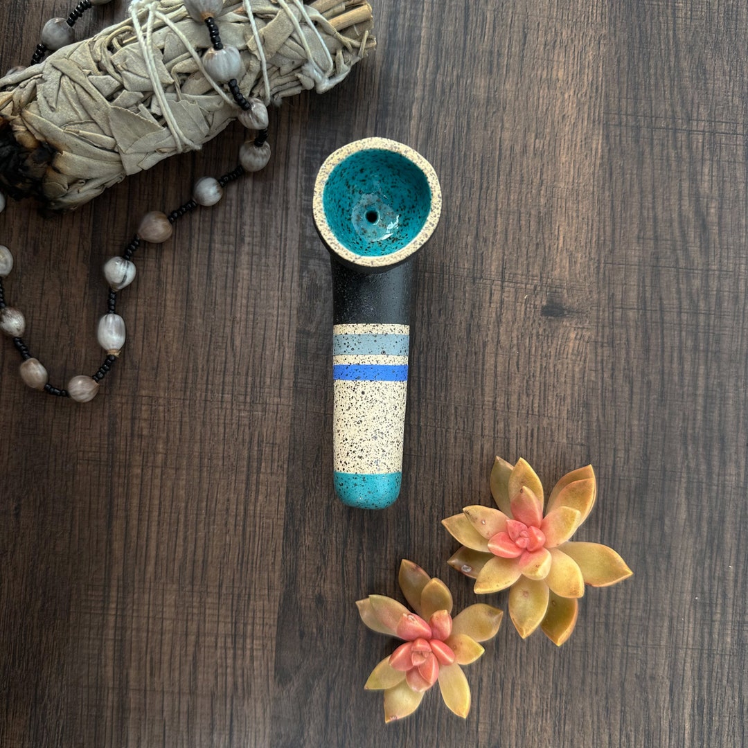 Pottery Smoking Pipe Blue Colors Handmade Clay Pipes Large Glass Bowl ...