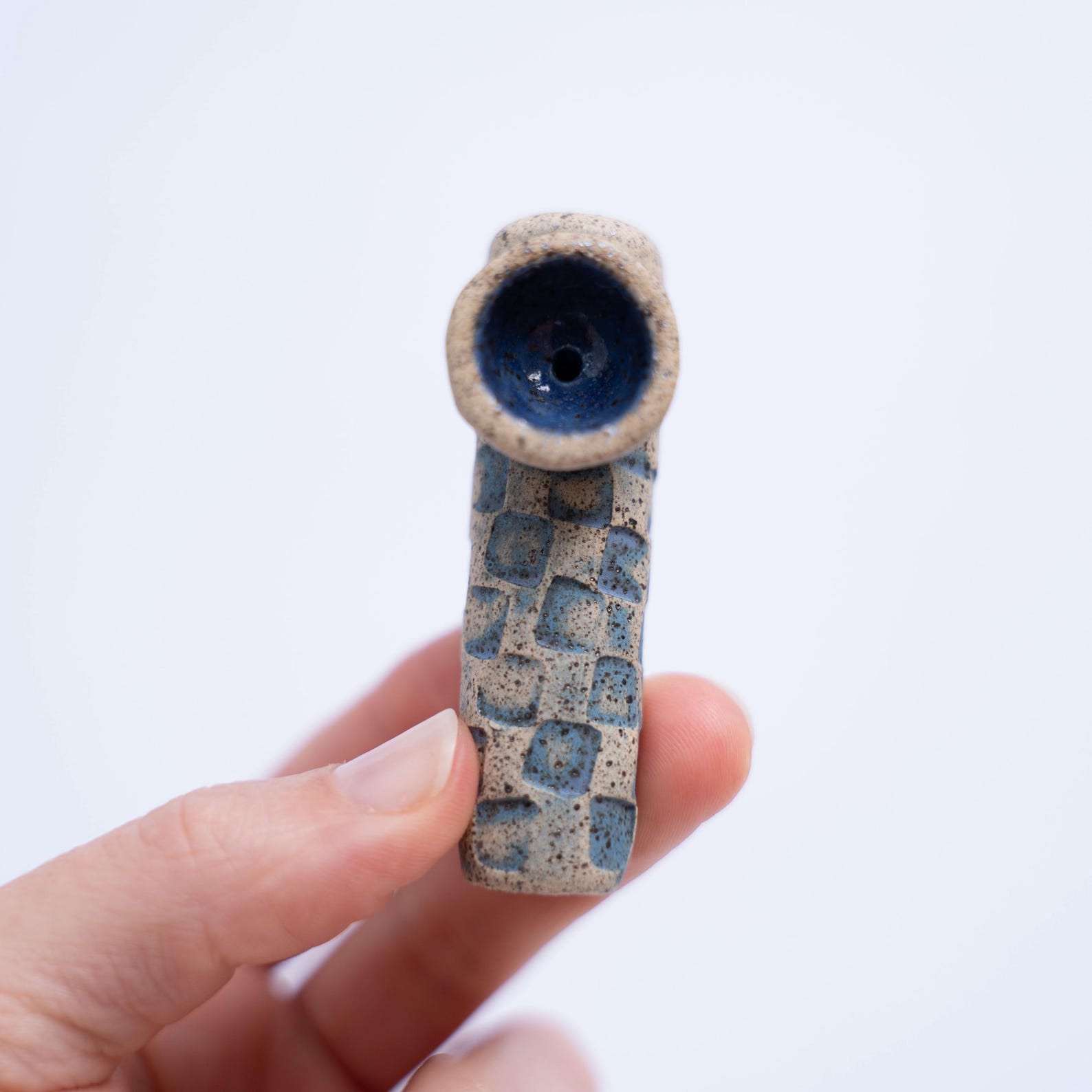 Small Pottery Smoking Pipe - Blue Checkered Textures - Handmade Clay ...