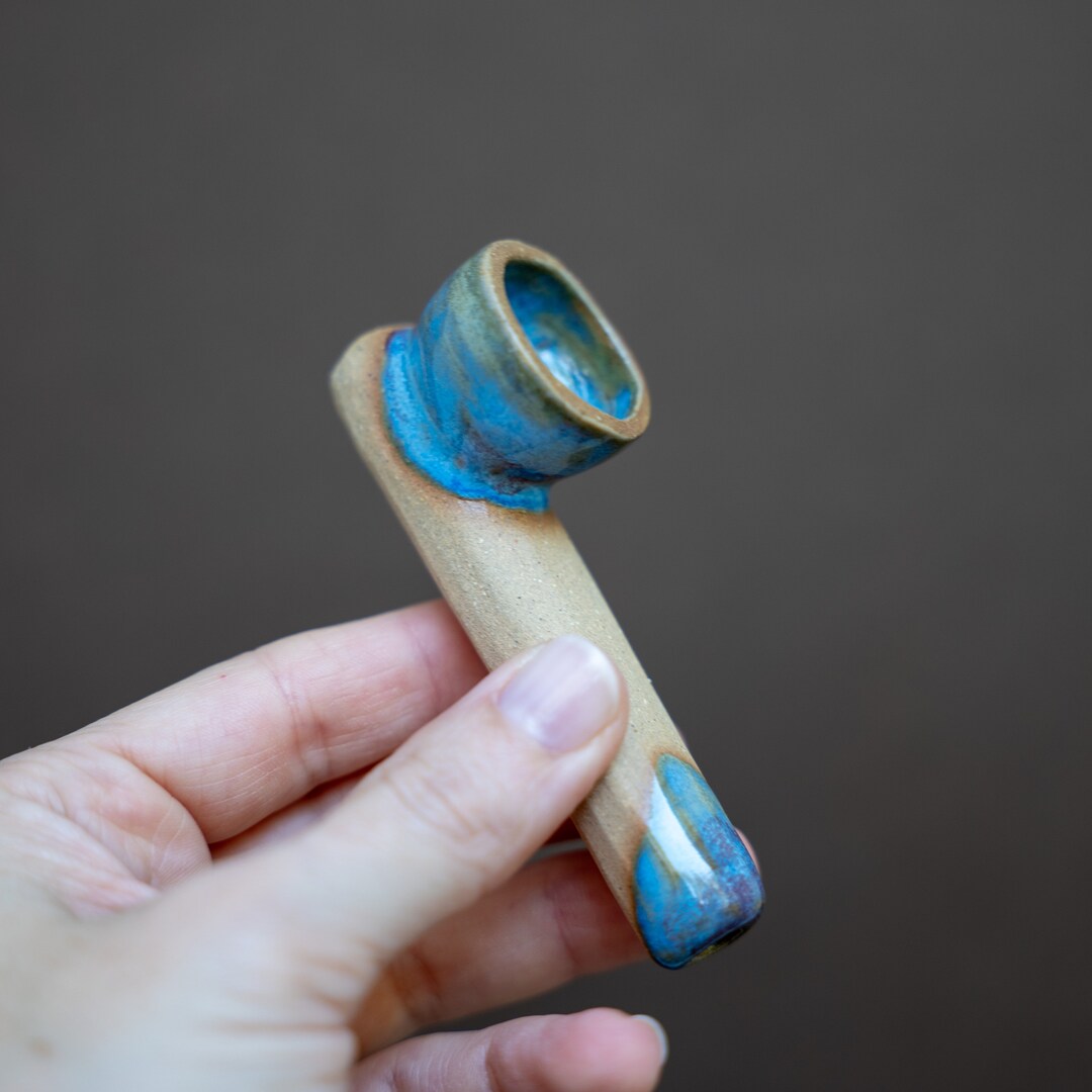 Earthy Pottery Smoking Pipe Natural Blue Purple Colors Handmade Clay ...