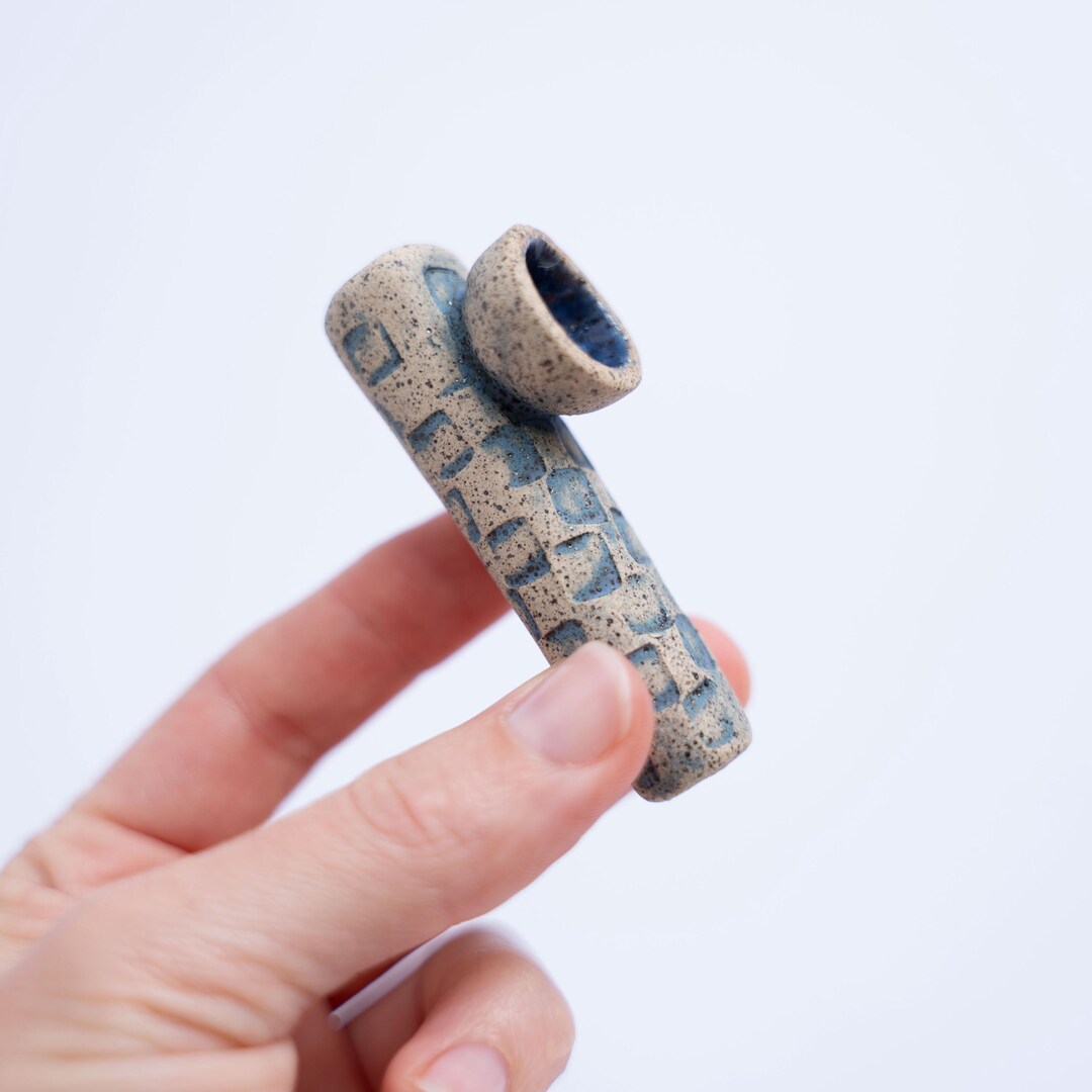 Small Pottery Smoking Pipe - Blue Checkered Textures - Handmade Clay ...