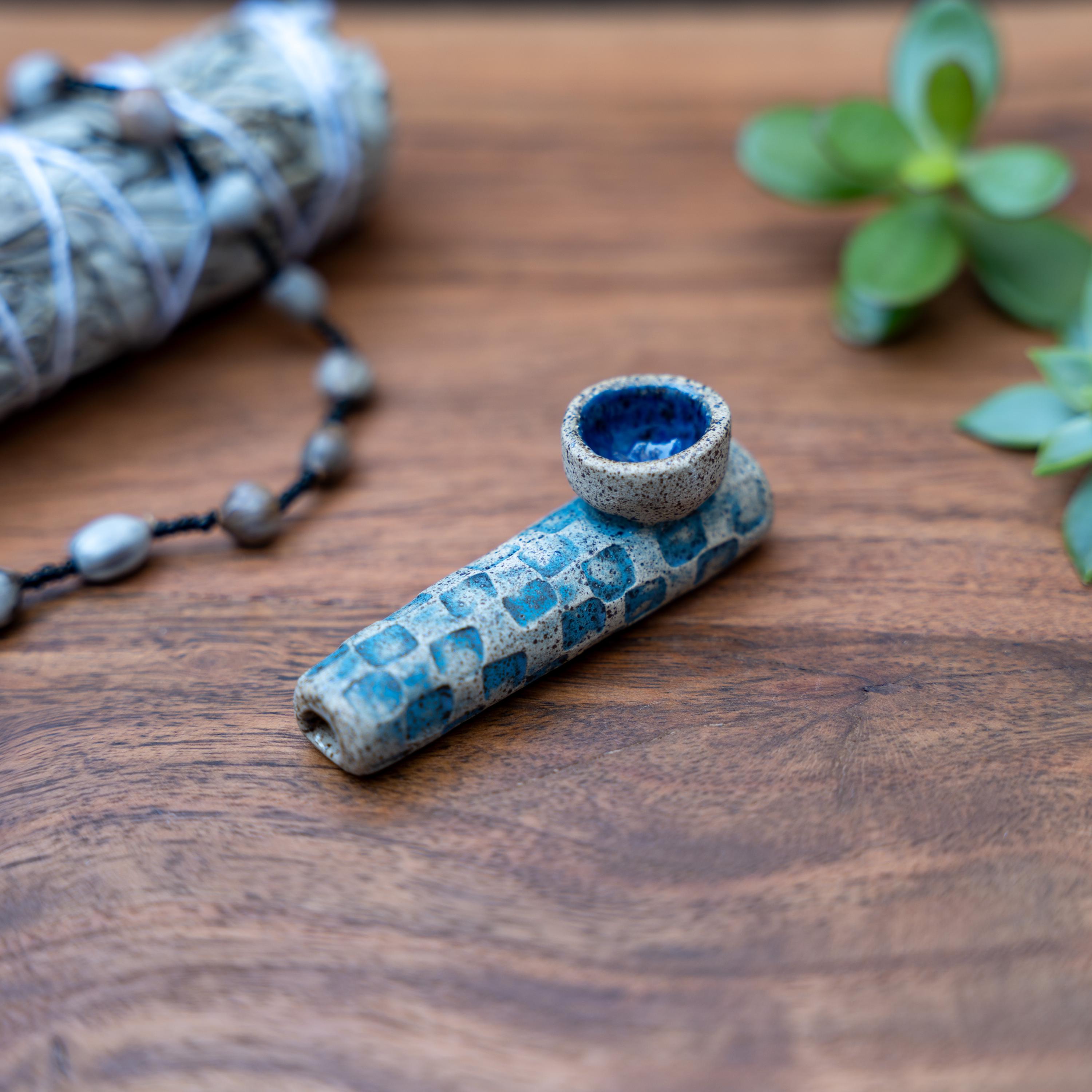 Small Pottery Smoking Pipe - Blue Checkered Design - Handmade Clay ...