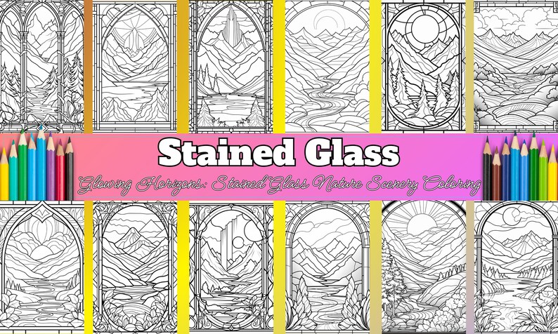 Glowing Horizons, Part 1, 25 Stained Glass Nature Scenery Coloring ...
