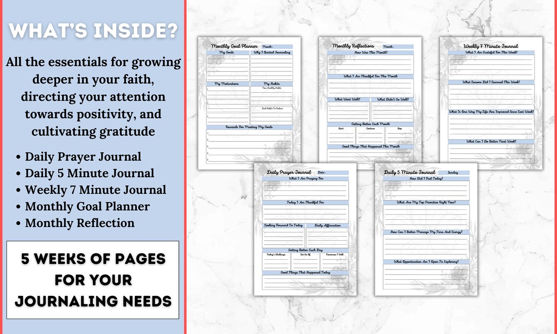 Prayer Journal for Teen Girls, One Month Printable Journal, 10+ Unique Pages, Gratitude, Self ...