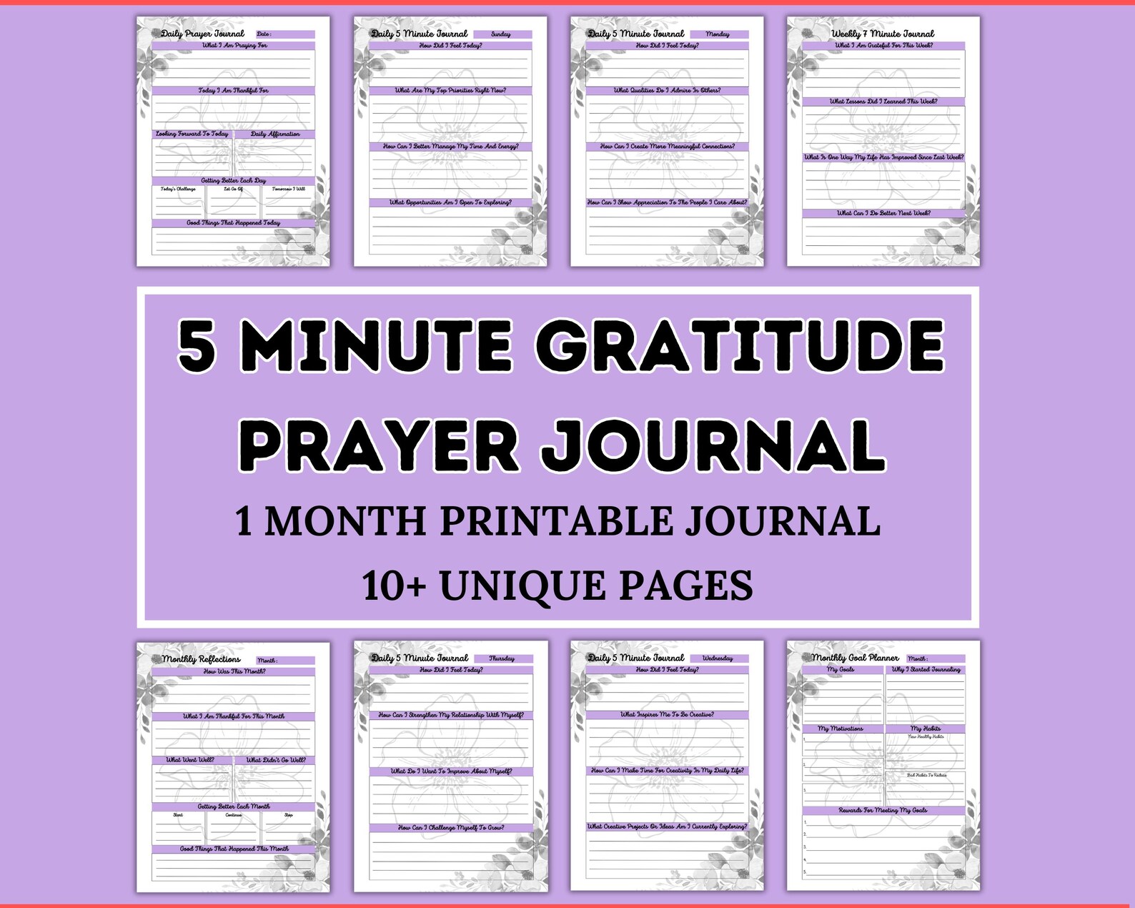 5 Minute Gratitude Prayer Journal, 1 Month Printable Journal, 10 Unique ...