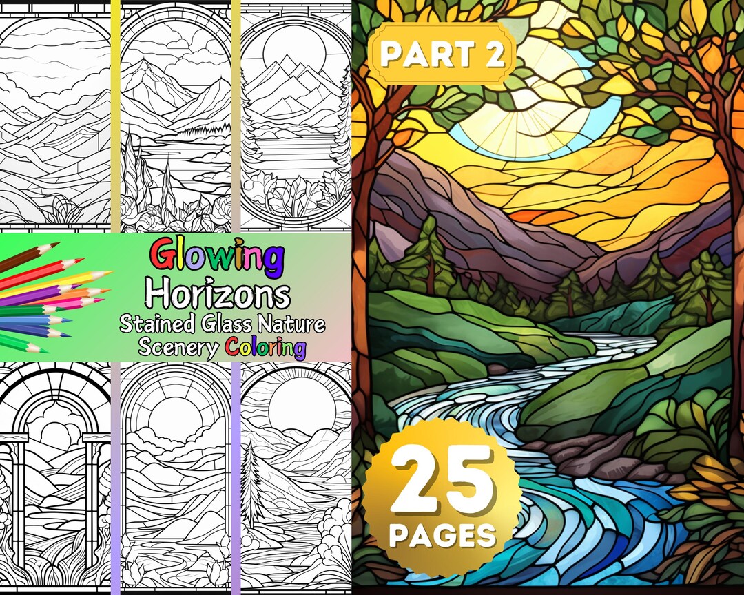 Glowing Horizons, Part 2, 25 Stained Glass Nature Scenery Coloring ...
