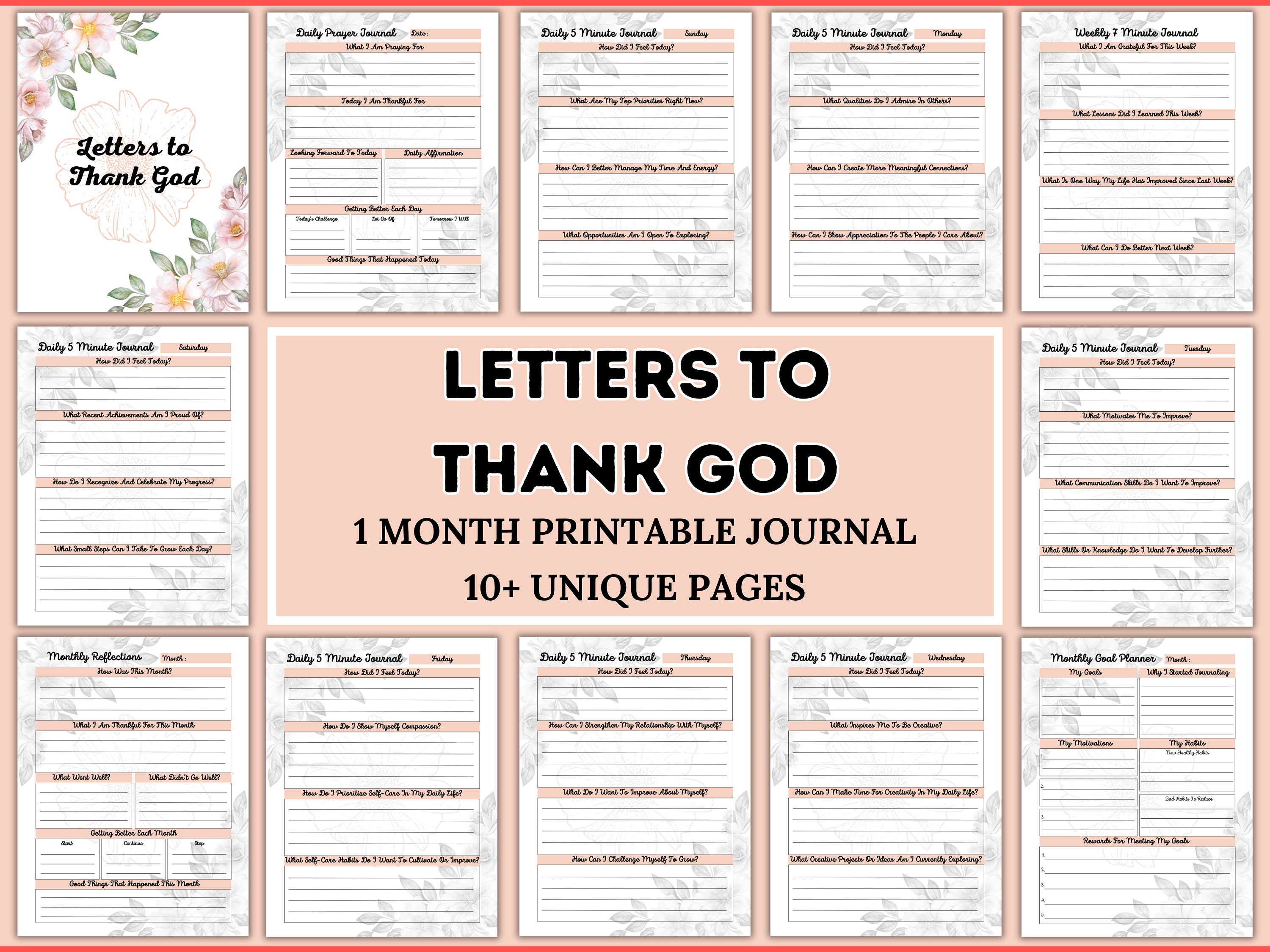 Letters to Thank God, One Month Printable Journal, 10 Unique Pages ...