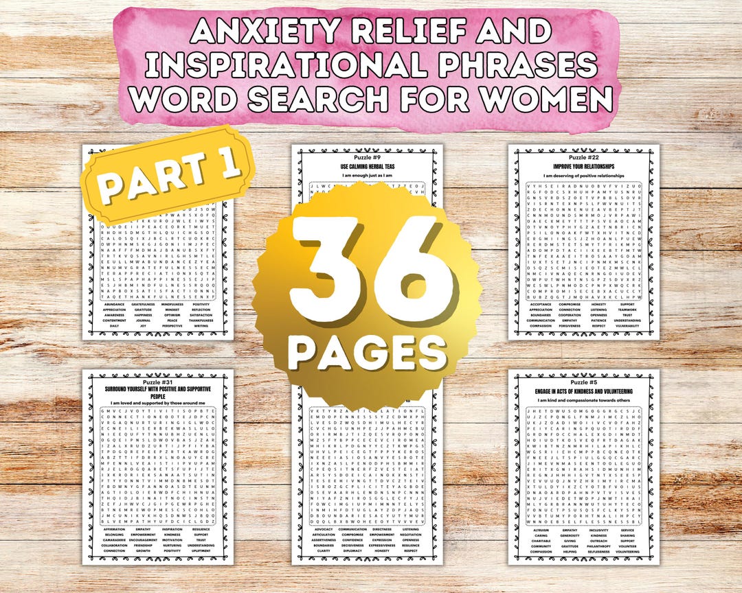 Anxiety Relief and Inspirational Phrases Word Search for Women, Part 1 ...