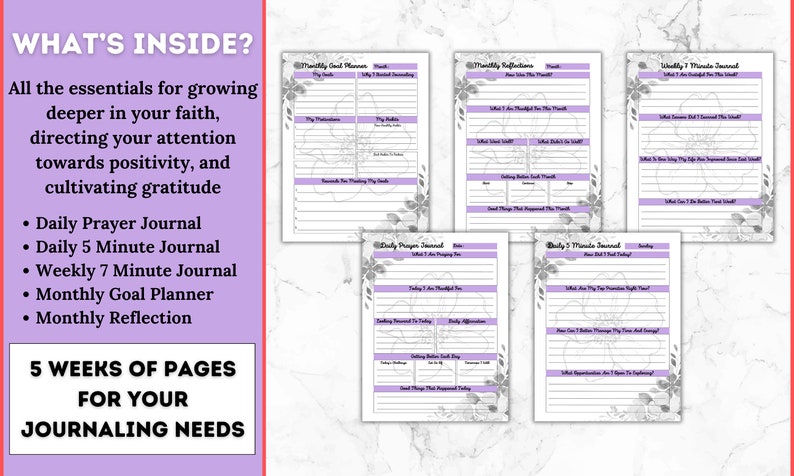 5 Minute Gratitude Prayer Journal, 1 Month Printable Journal, 10 ...