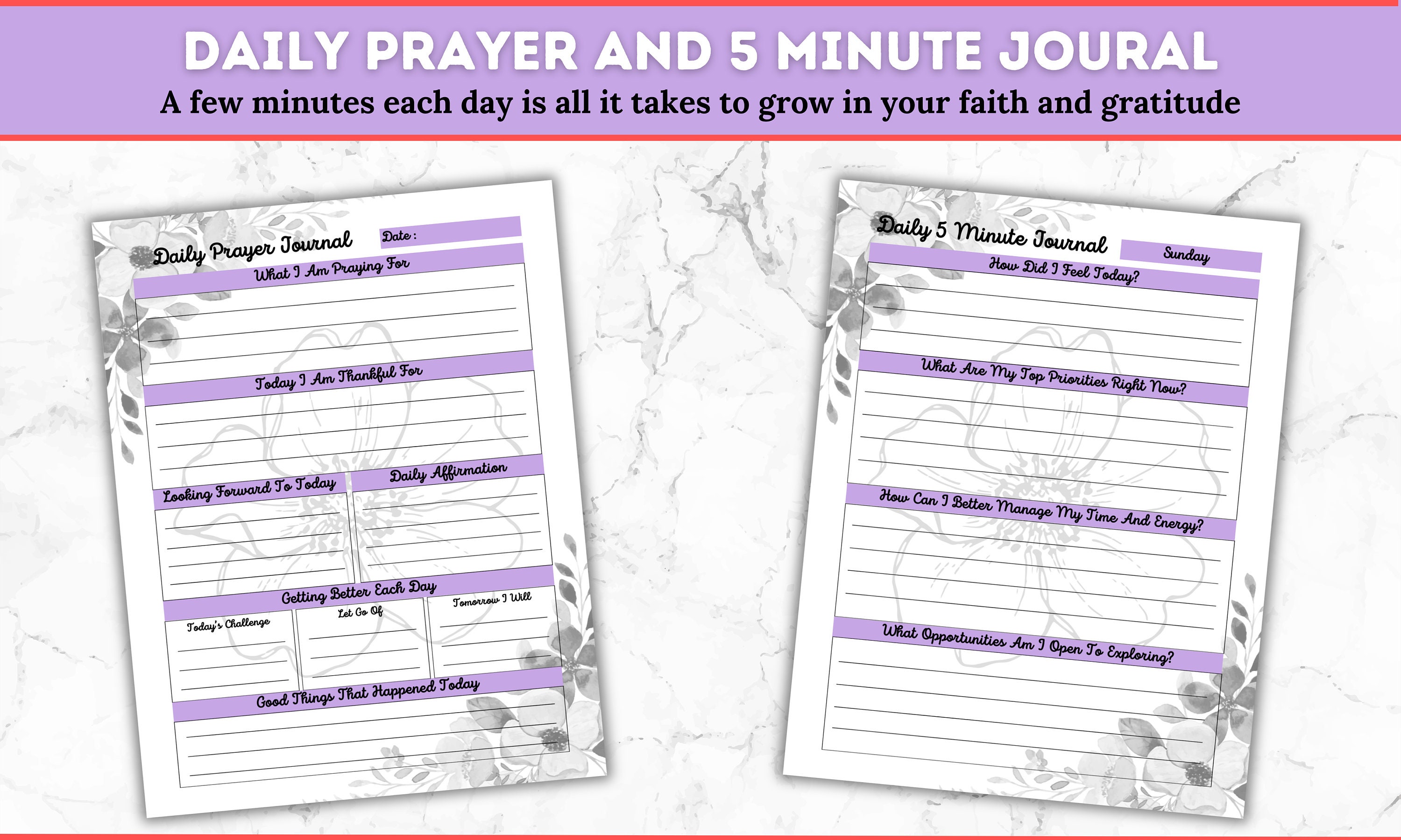 5 Minute Gratitude Prayer Journal, 1 Month Printable Journal, 10 ...