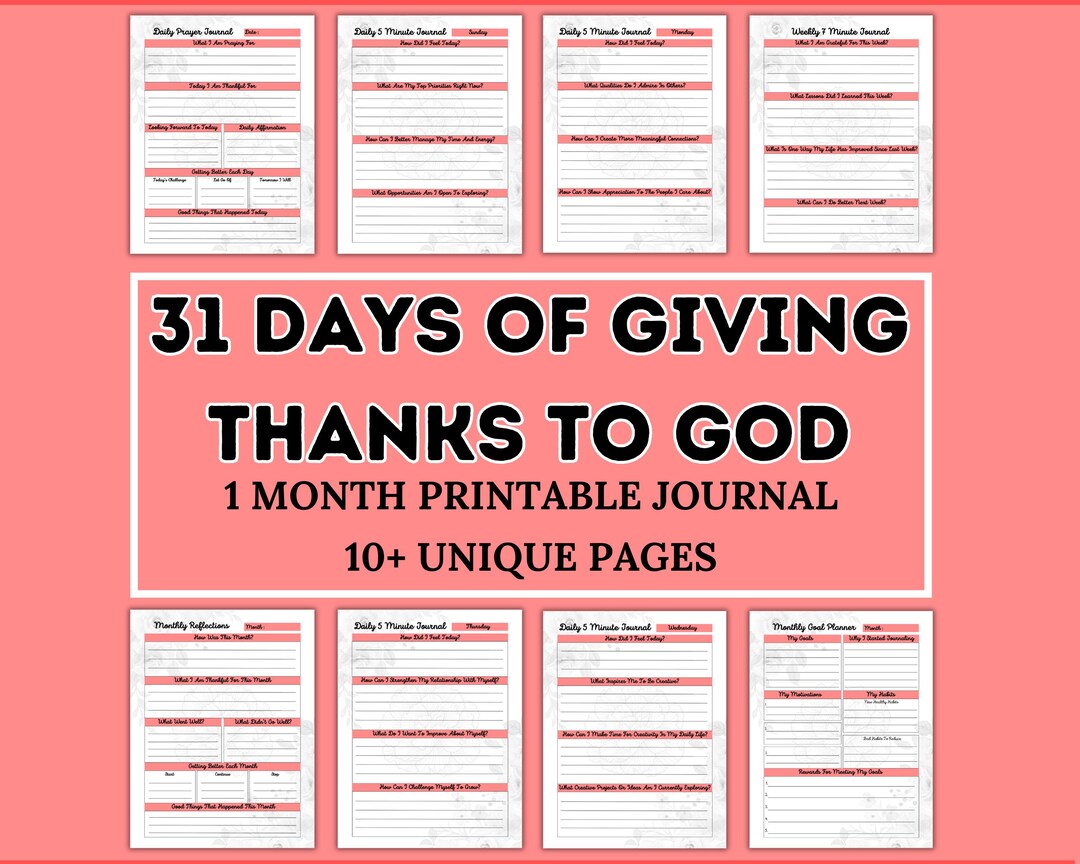 31 Days of Giving Thanks to God, One Month Printable Journal, 10 ...