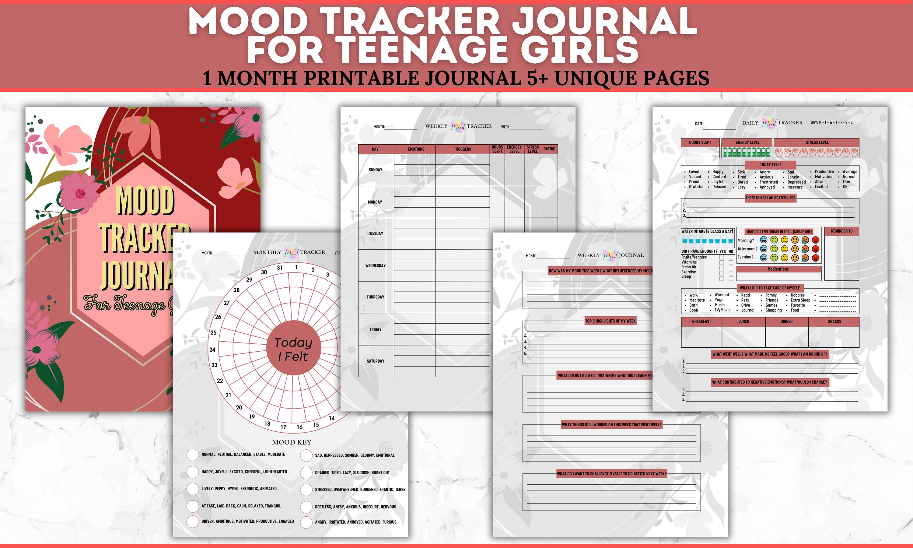 Mood Tracker Journal for Teenage Girls, Yearly, Monthly, Weekly, and ...