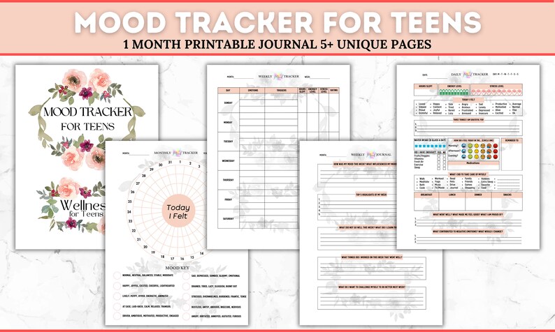 Mood Tracker for Teens, Wellness for Teens, Monthly Weekly and Daily ...