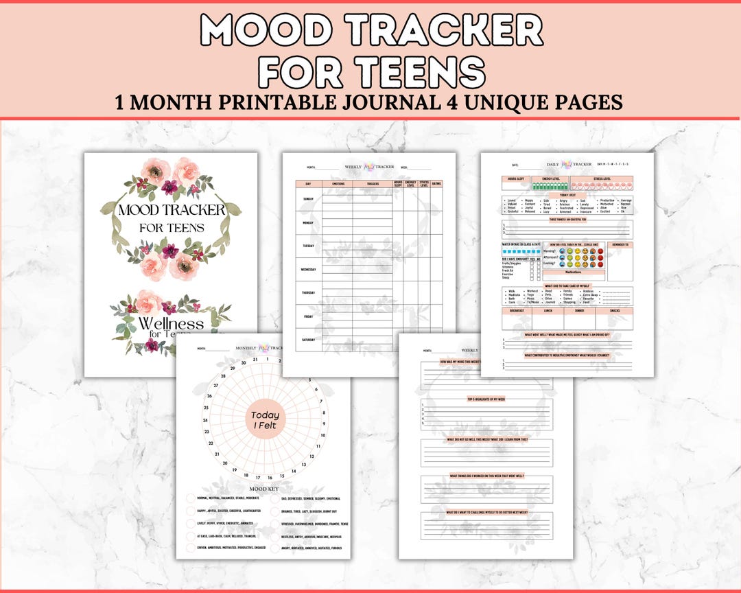 Mood Tracker for Teens, Wellness for Teens, Monthly Weekly and Daily ...