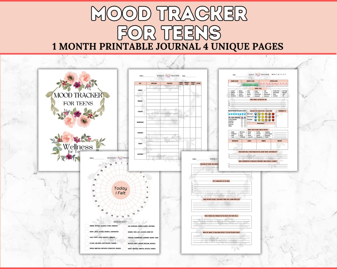 Mood Tracker for Teens, Wellness for Teens, Monthly Weekly and Daily ...