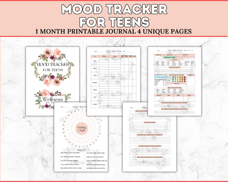 Mood Tracker for Teens, Wellness for Teens, Monthly Weekly and Daily ...