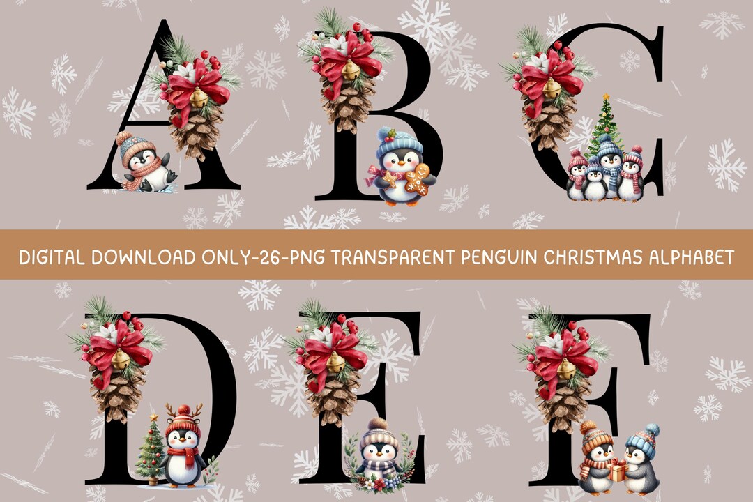 Digital Download Only, 26 PNG Transparent Penguin Christmas Alphabet ...