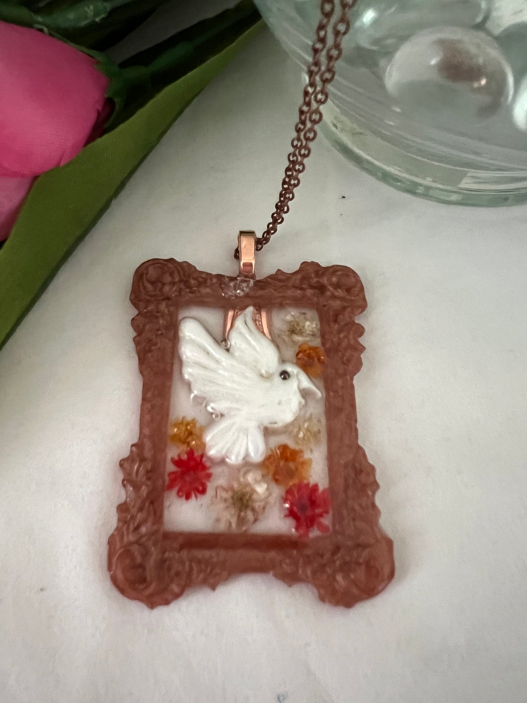 White Dove in Miniature Frame With Real Flowers - 24 Inch Copper Tone ...