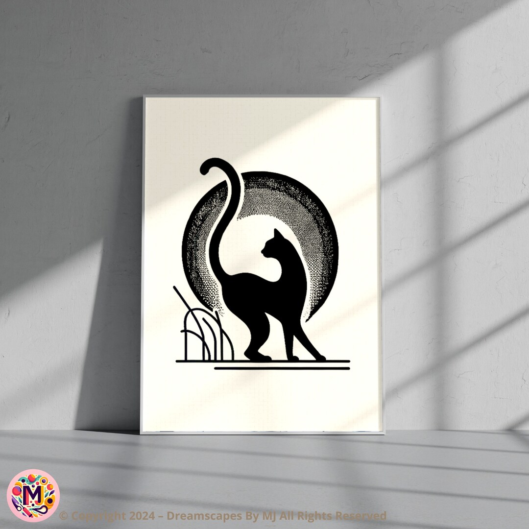 Minimalist Cat Digital Wall Art Print, Elegant Cat Poster, Black and ...
