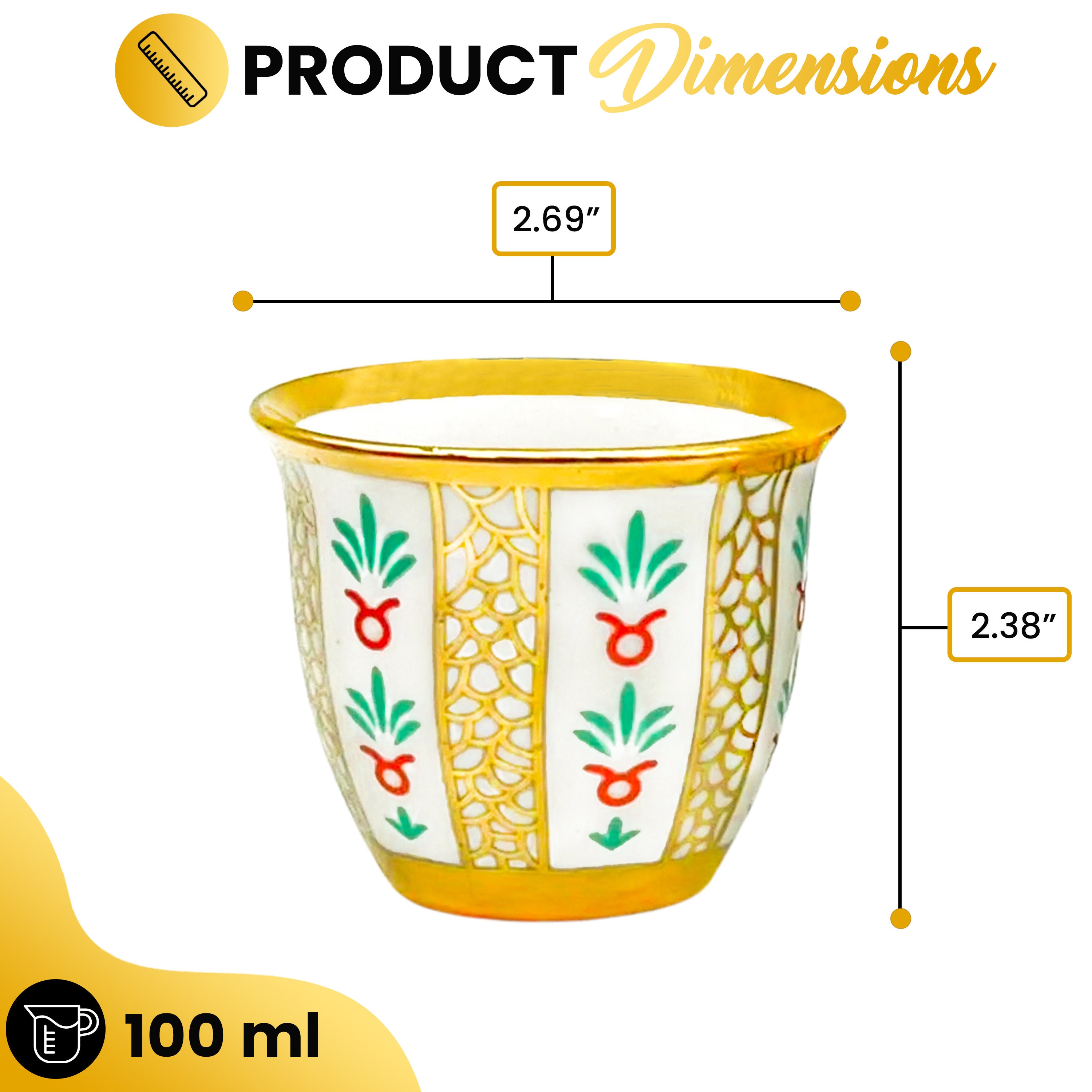 Premium Porcelain Arabic Turkish Greek Coffee Cup Set 100ml- Gold ...