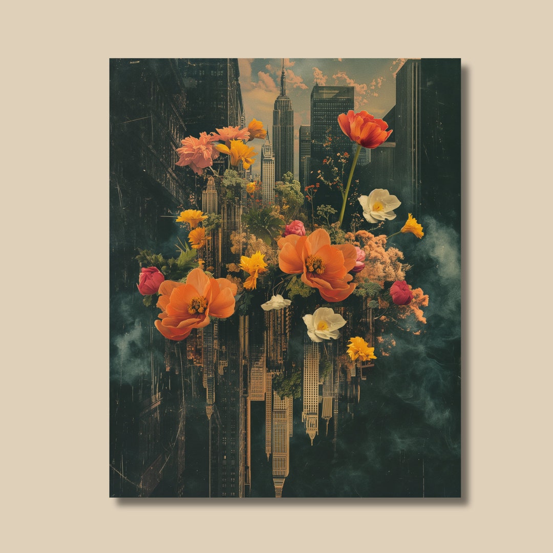 Floral NYC Dreamscape, Moody Surreal Collage Wall Art, Instant Download ...