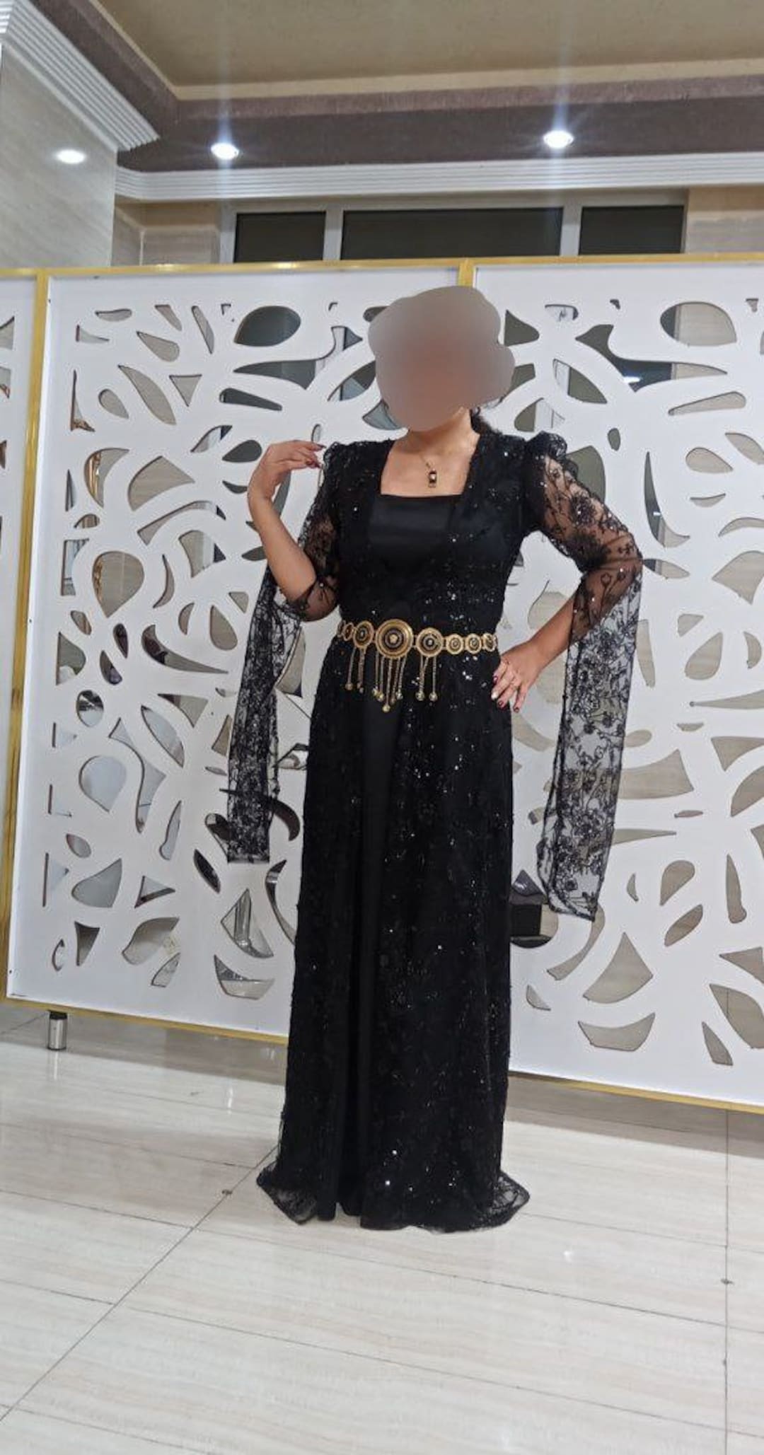 Elegant Black Kurdish Dress With Floral Lace and Sequin Details - Etsy