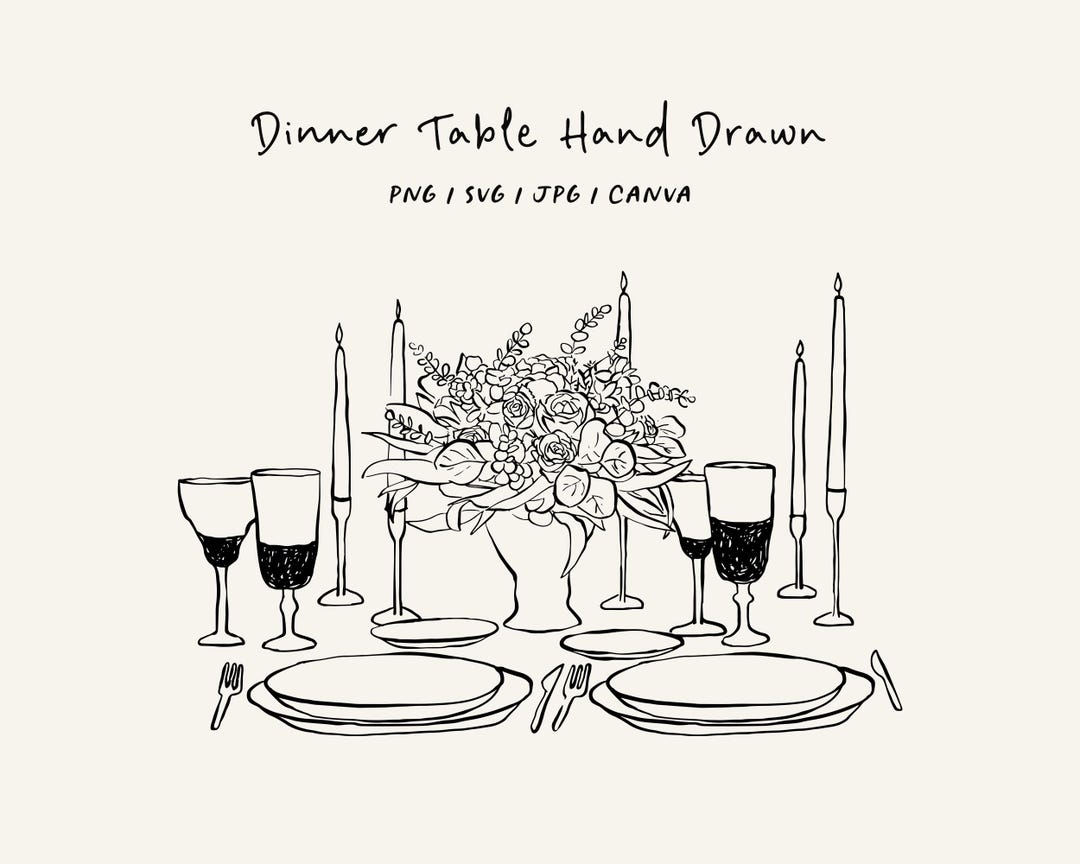 Hand Drawn Dinner Table (SVG, PNG, CANVA). Tablescape for Invitations ...