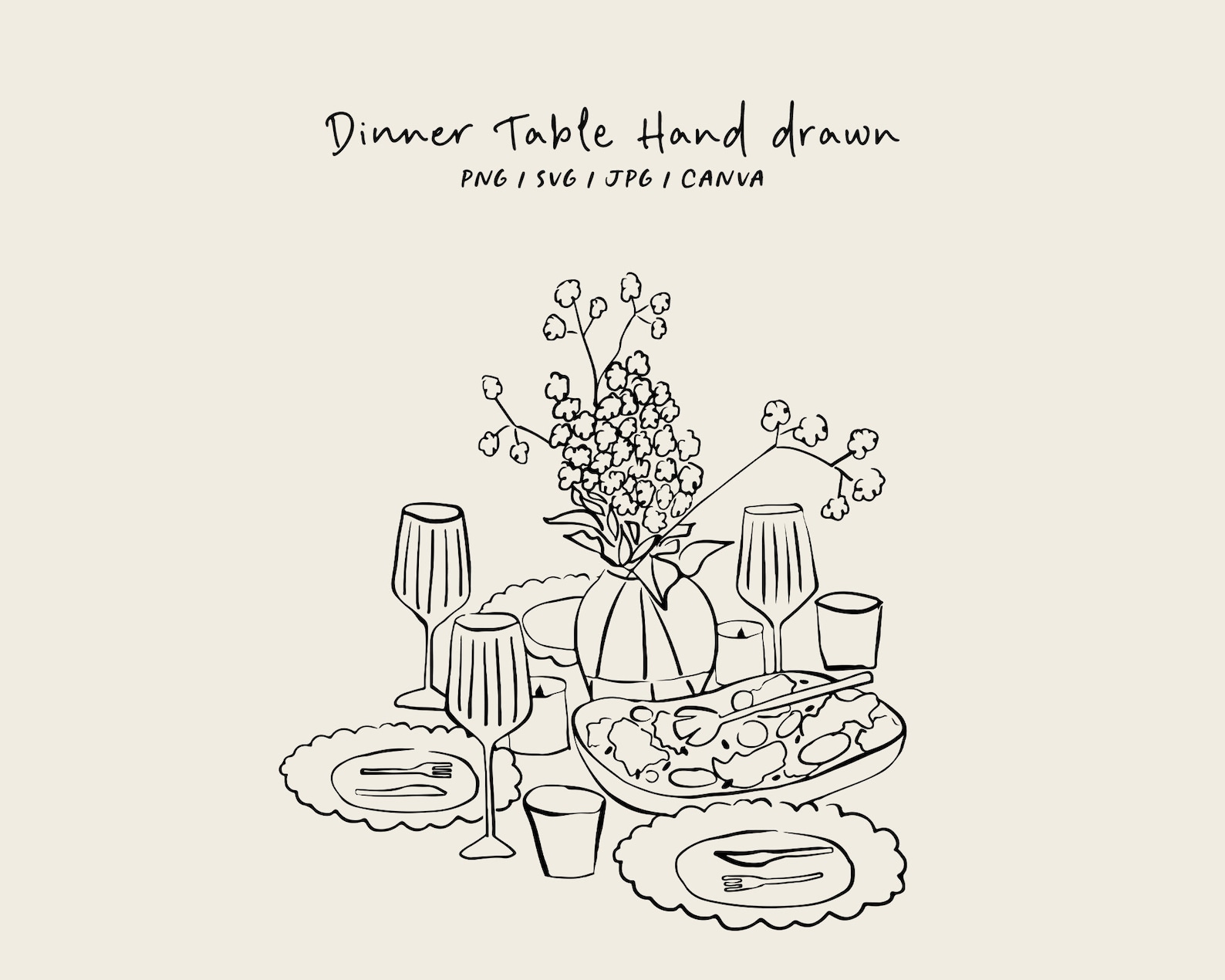 Hand Drawn Dinner Table SVG, PNG, CANVA. Tablescape for Invitation ...