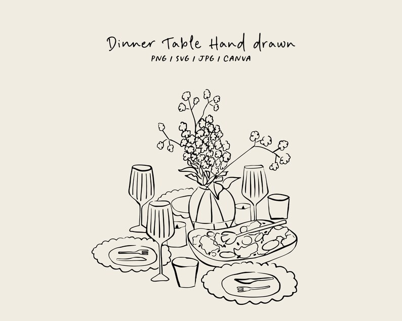 Hand Drawn Dinner Table SVG, PNG, CANVA. Tablescape for Invitation ...