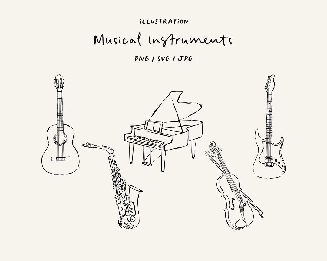 Pack of 5 Hand Drawn Musical Instruments PNG, SVG. Musical Instruments ...