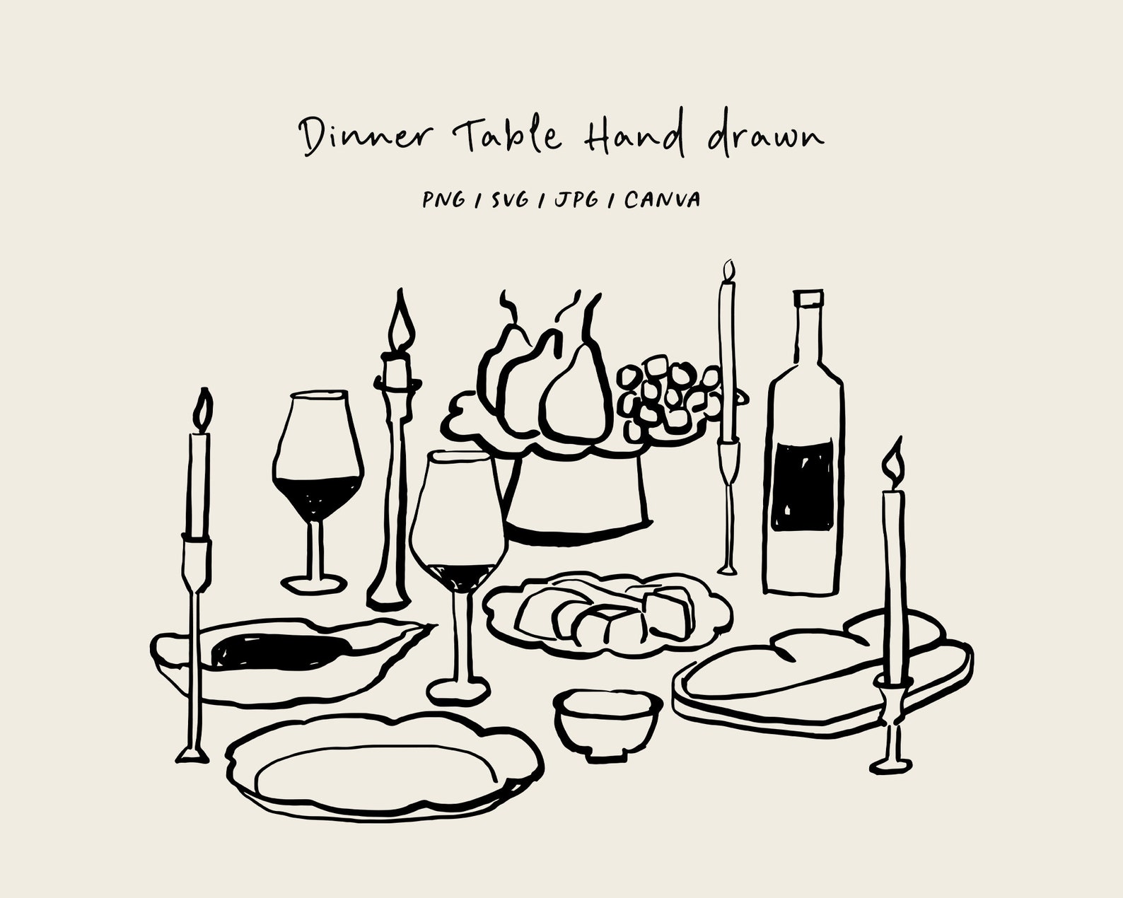 Hand Drawn Dinner Table SVG, PNG, CANVA. Tablescape for Invitation ...