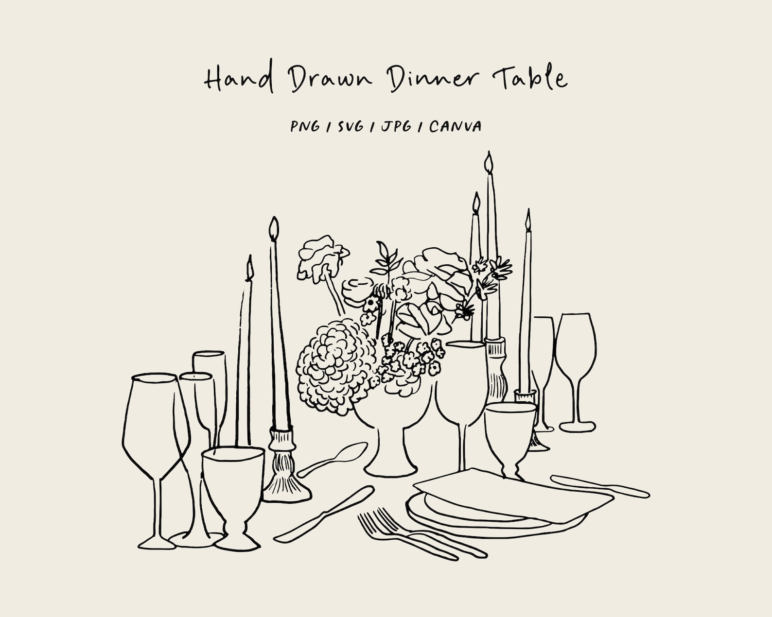 Hand Drawn Dinner Table SVG, PNG, CANVA. Tablescape for Invitation ...