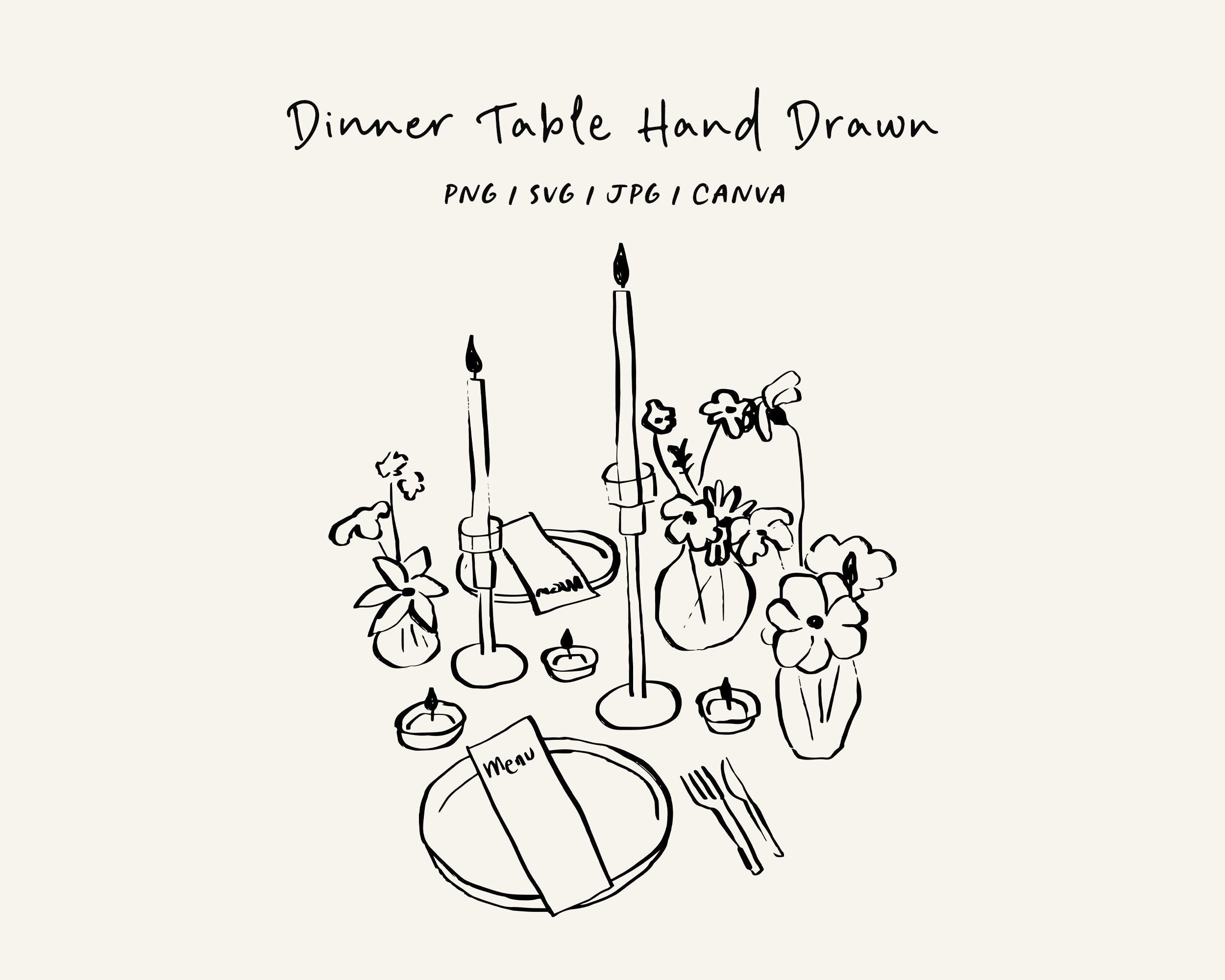 Hand Drawn Dinner Table SVG, PNG, CANVA. Tablescape for Invitation ...