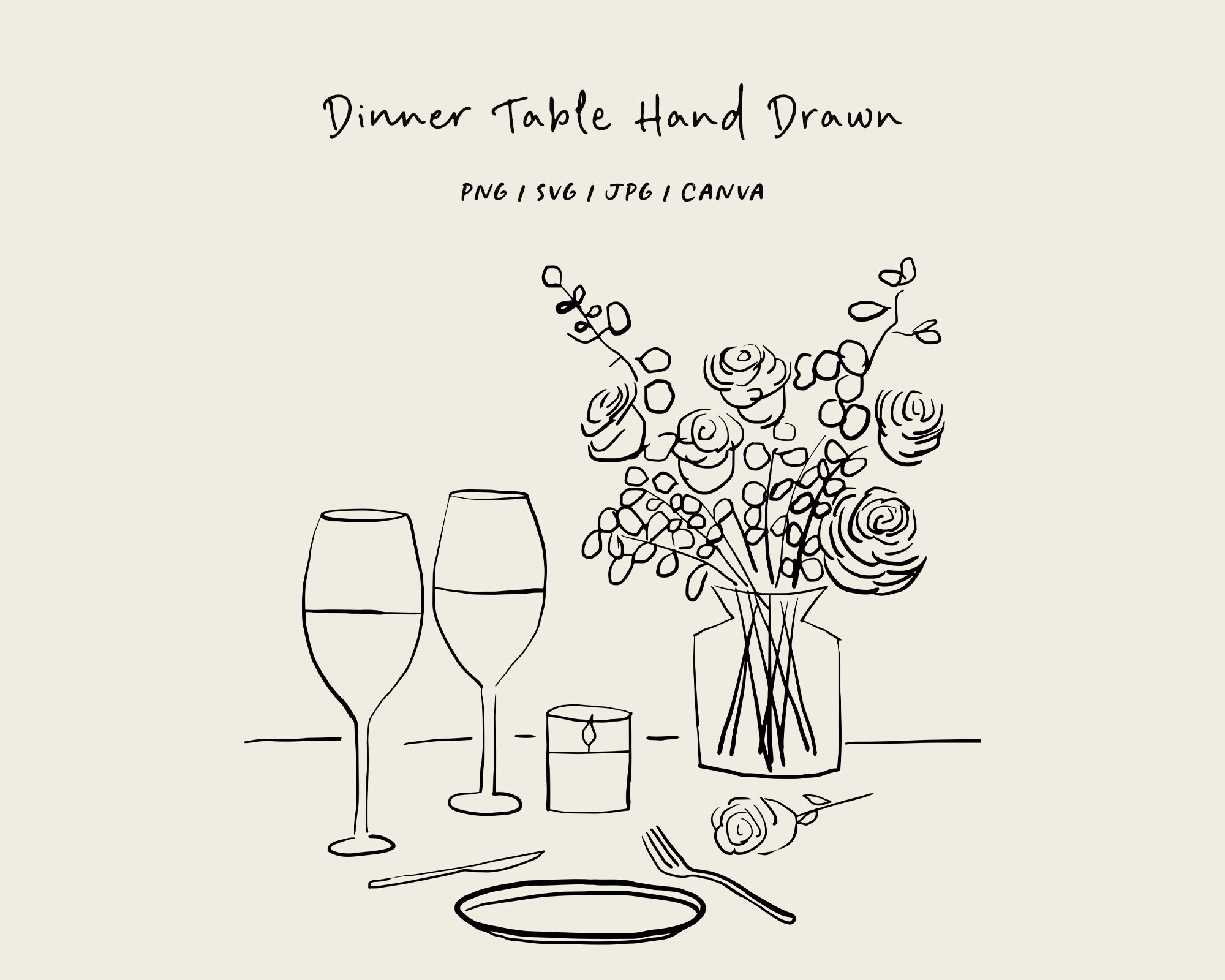Hand Drawn Dinner Table SVG, PNG, CANVA. Tablescape for Invitation ...