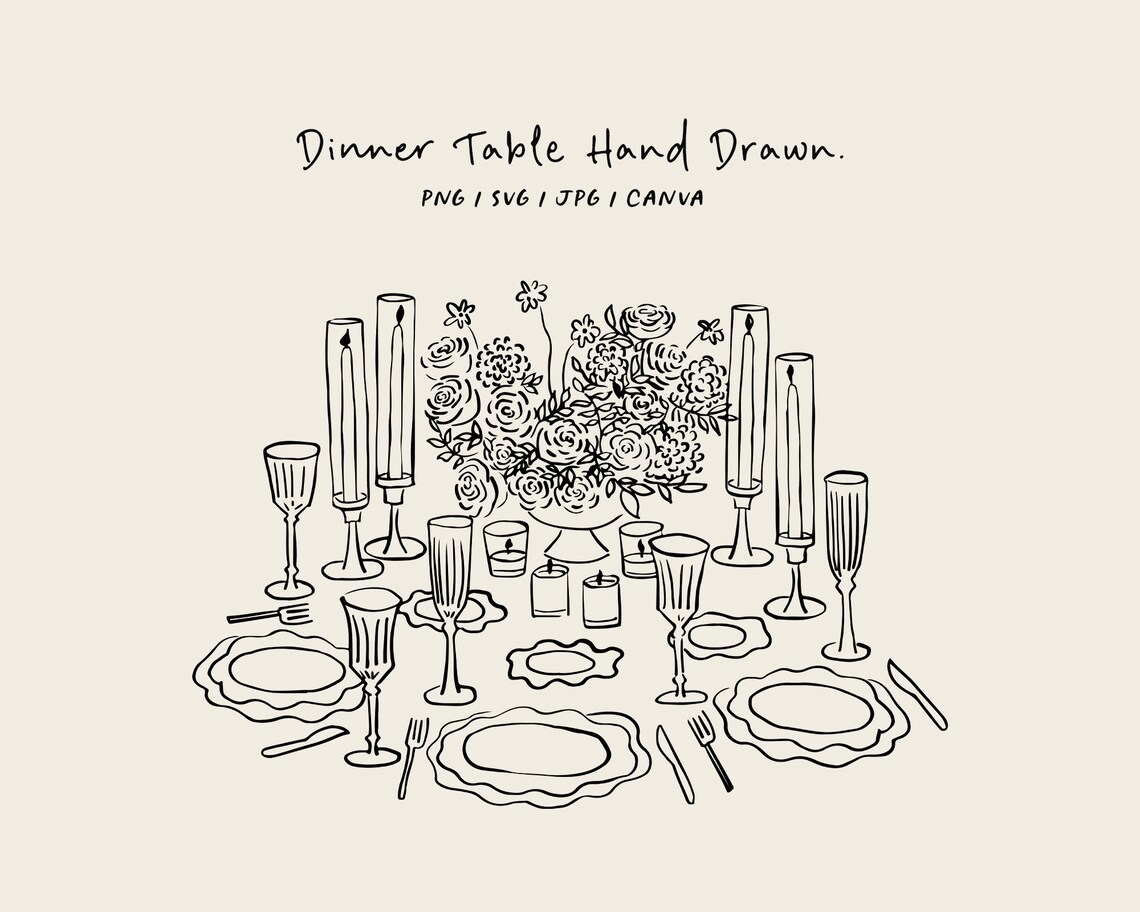 Hand Drawn Dinner Table SVG, PNG, CANVA. Tablescape for Invitation ...