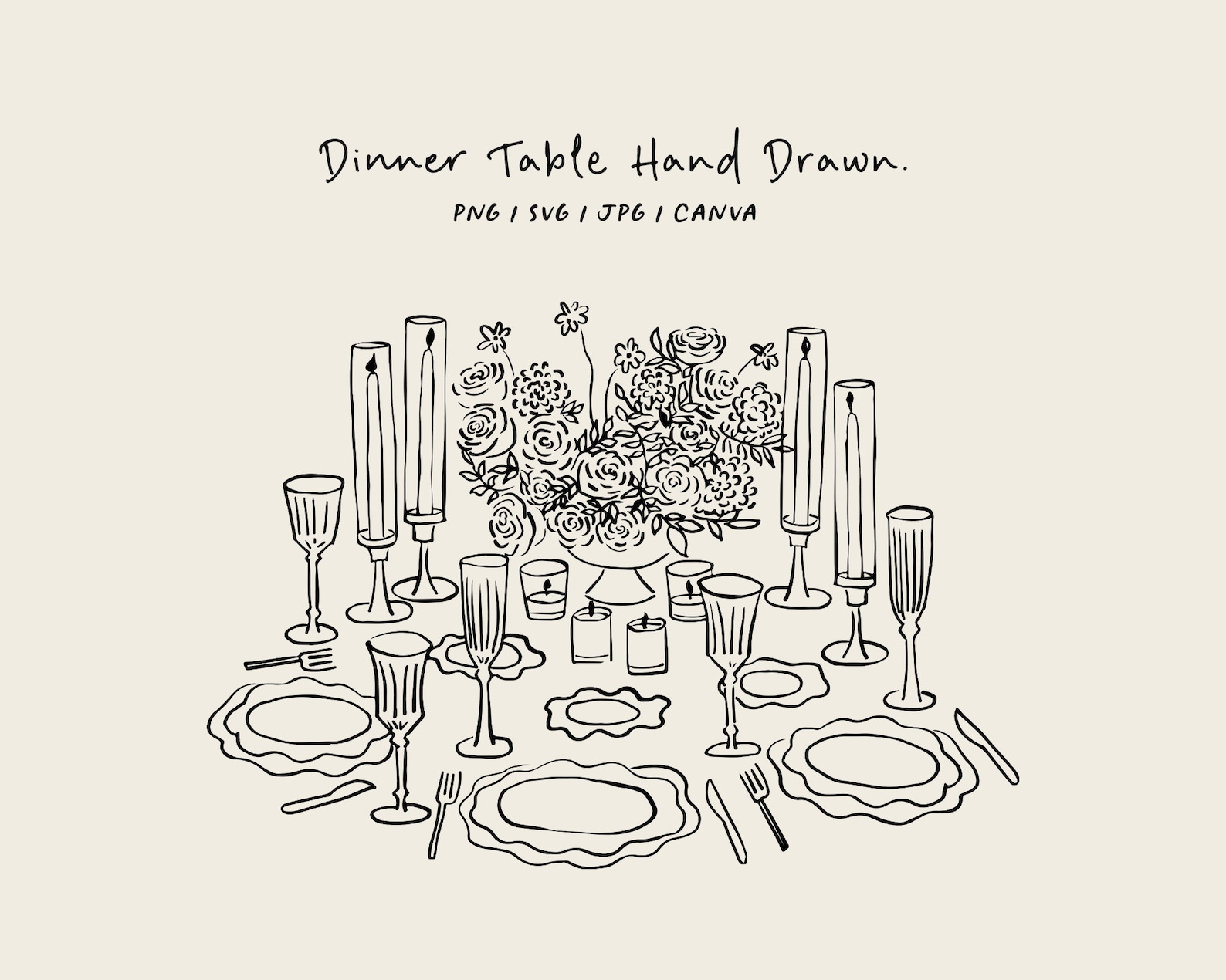 Hand Drawn Dinner Table SVG, PNG, CANVA. Tablescape for Invitation ...