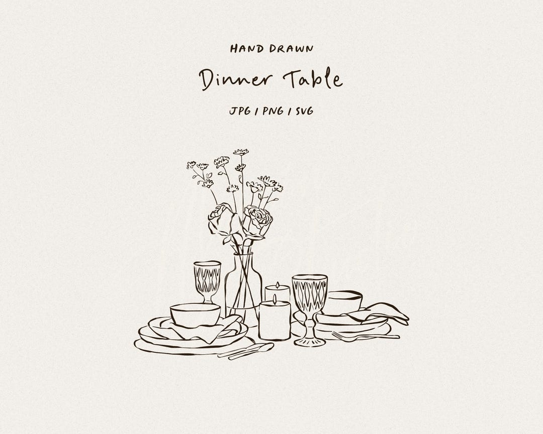 Hand Drawn Dinner Table. Minimalist Food Illustration. Line Art for ...