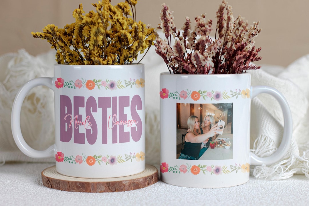 Personalized Besties Mug With Custom Names & Photo, Floral Design Gift ...