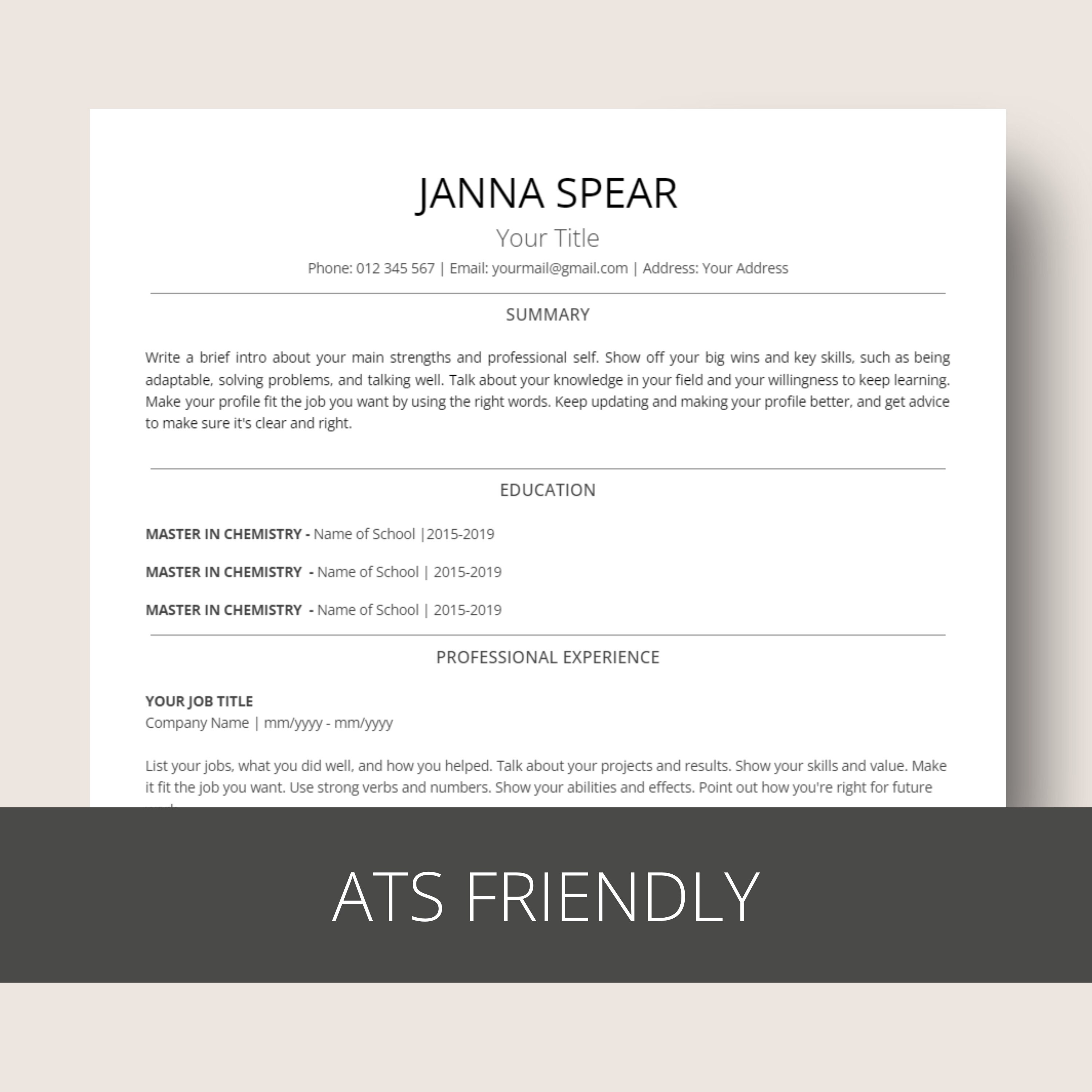 ATS Resume Template, ATS Friendly Resume Template, Google Docs, Word, 1 ...