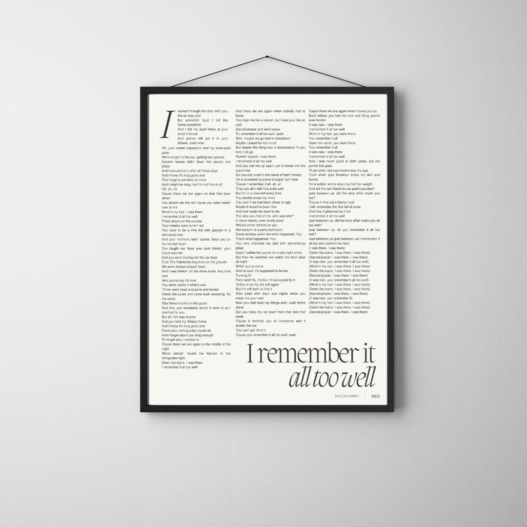 Taylor Swift All Too Well Print 10 Minute Version Lyrics Taylors ...
