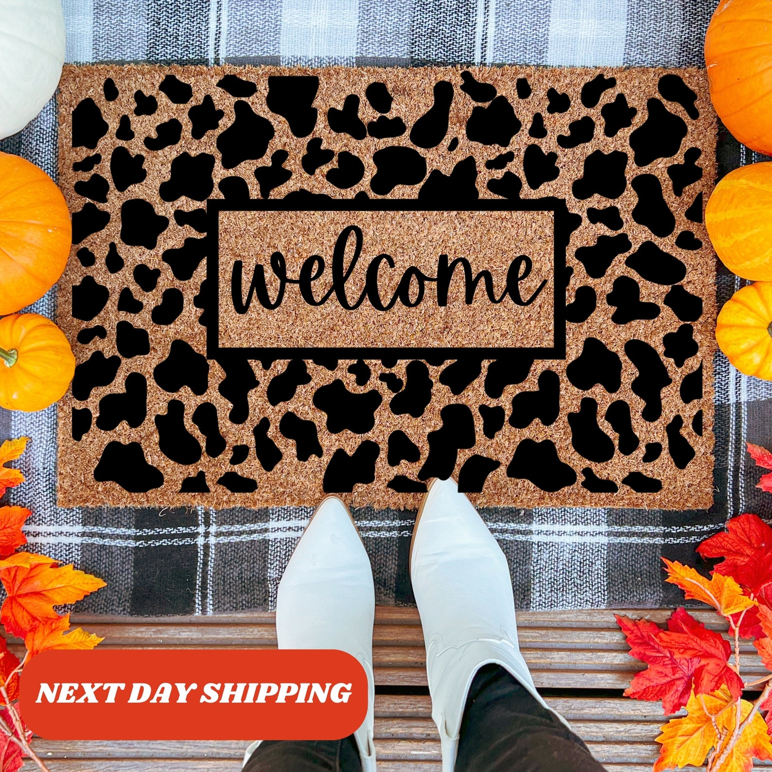Boho Cow Print Doormat, Welcome Front Door Mat, Home Gifts, Welcome Mat ...