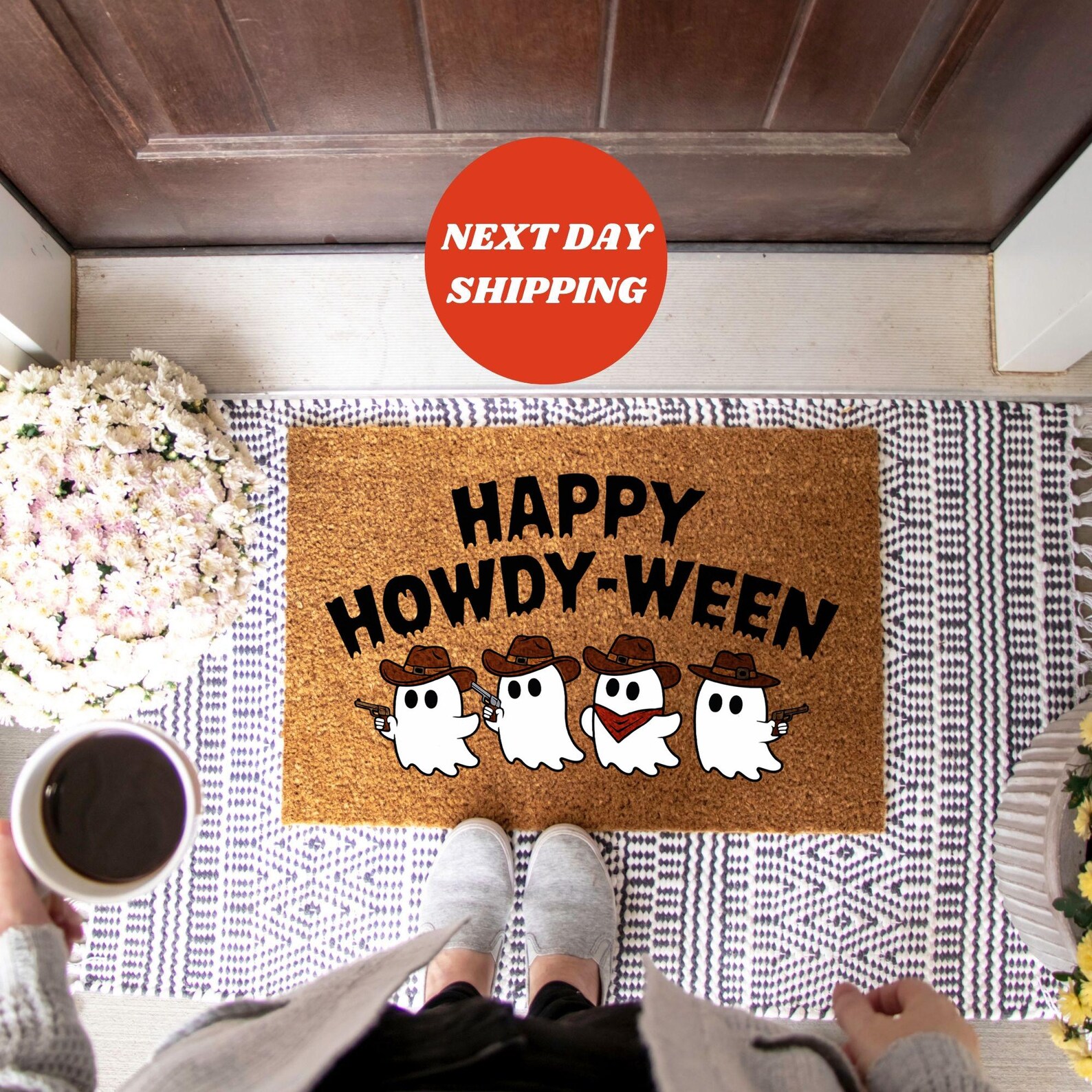 Happy Howdy-ween Doormat, Ghost Cowboy Halloween Doormat, Halloween ...