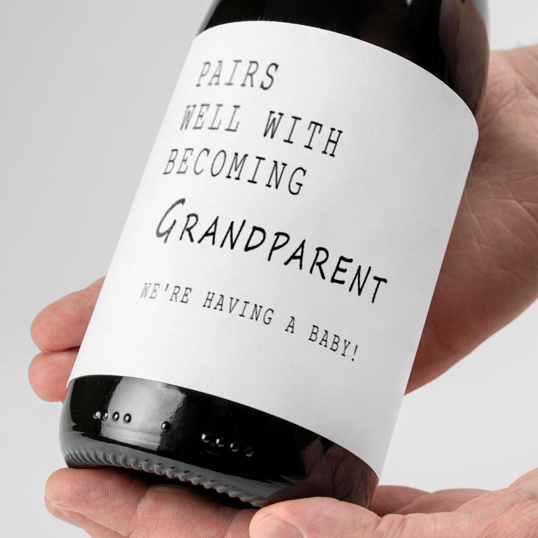 Pairs Well With Becoming Pregnancy Wine Label, Grandparents Wine Label ...