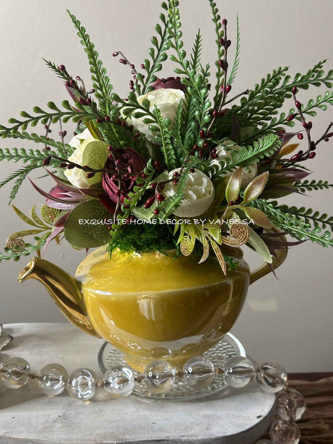 Vintage Tea Pot Canary Yellow Iridescent Overlay Teapot Peony Floral ...