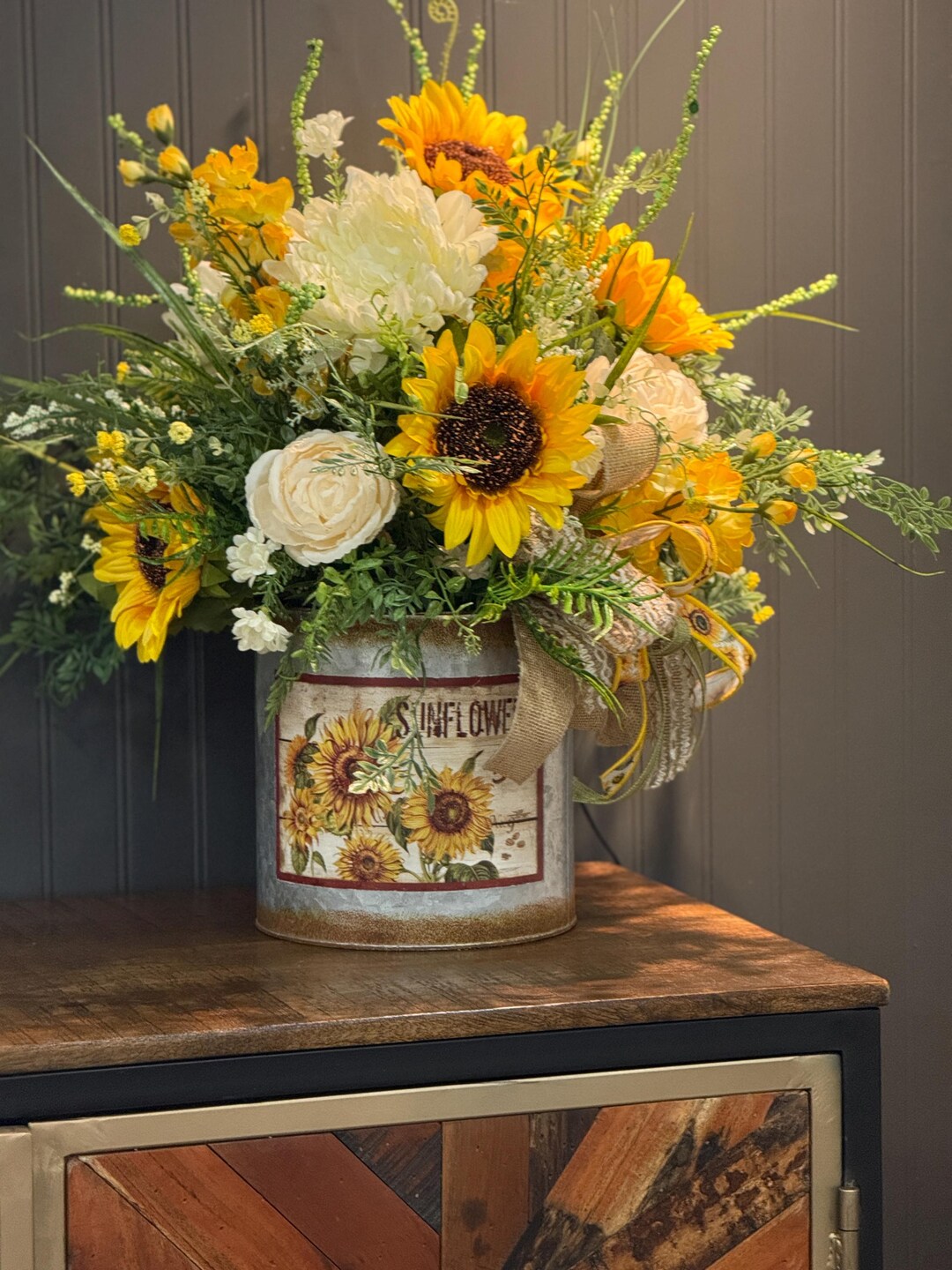 Extra Large Sunflower Peony Floral Arrangement, Rustic Metal Bucket ...