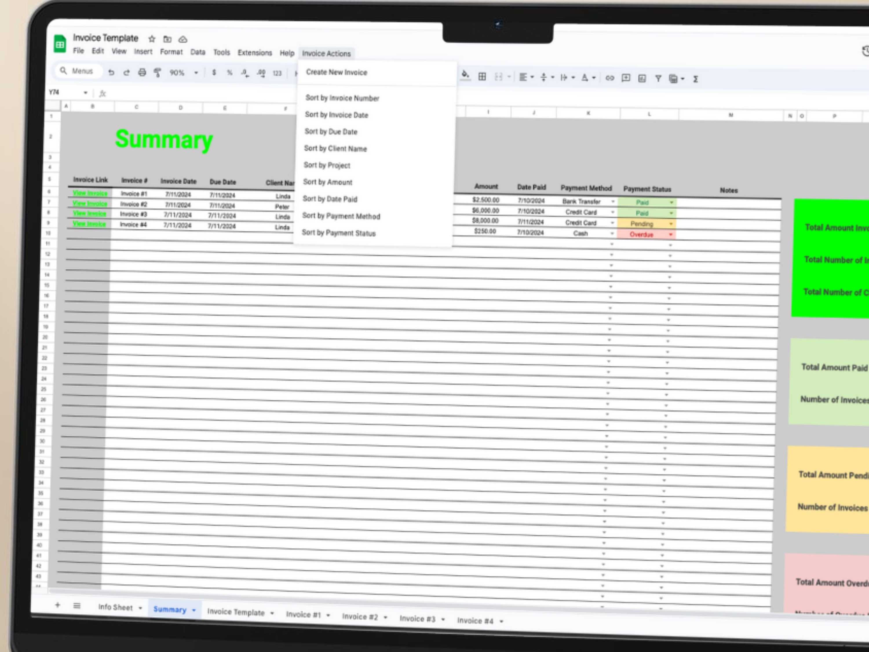 Professional Google Sheets Invoice Template With Automated Summary | Google Sheets Template ...