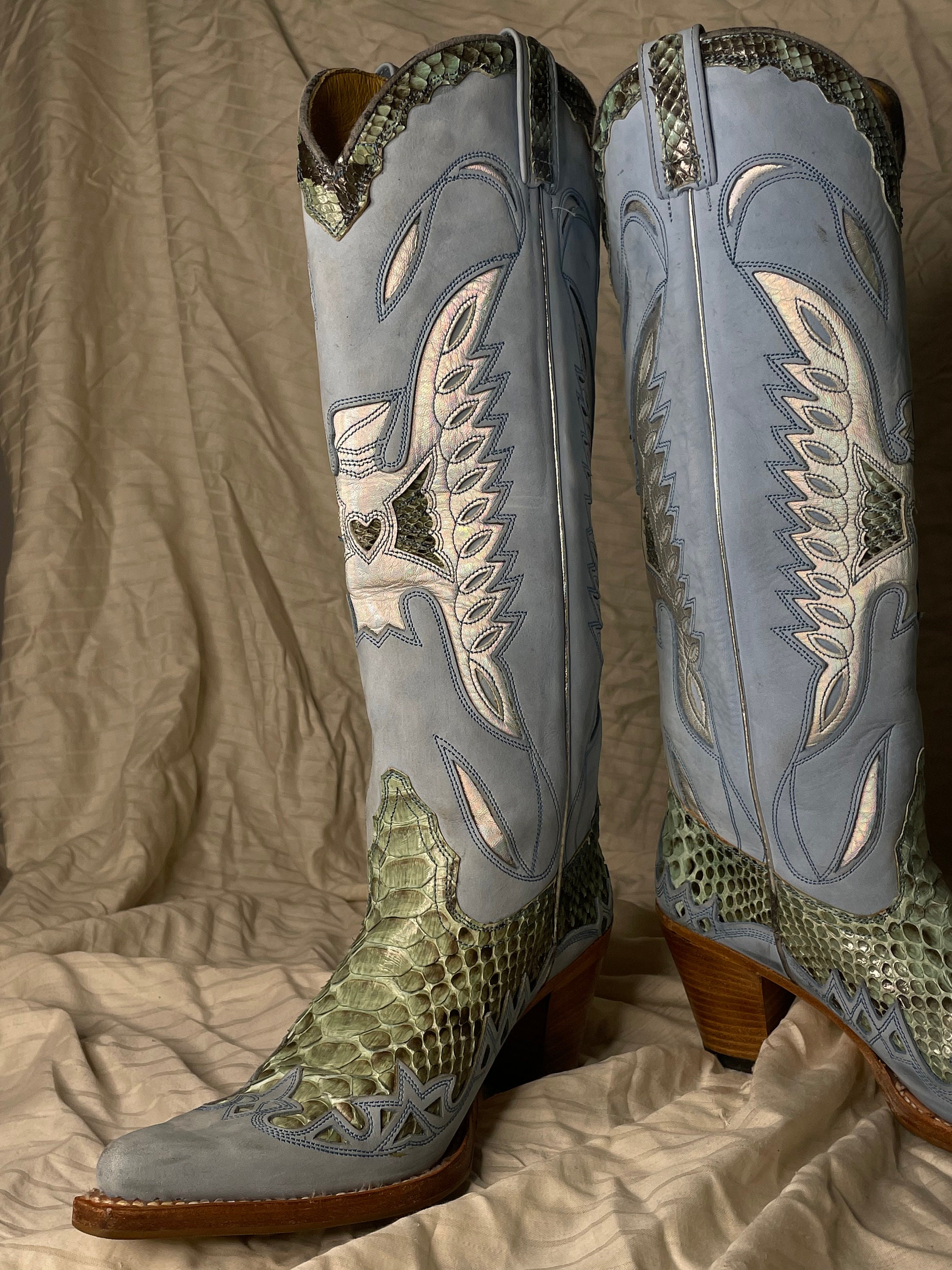 6421 SENDRA Blue Cowboy Boots Nubuck Leather and Python Leather Size 37 ...