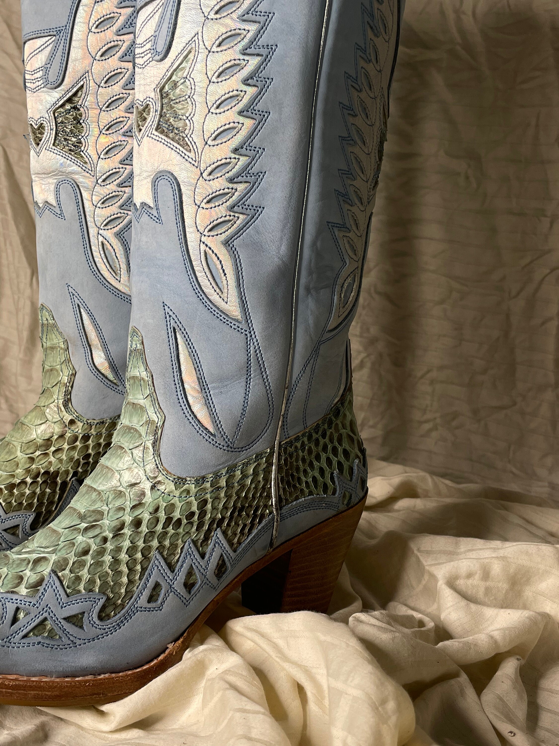 6421 SENDRA Blue Cowboy Boots Nubuck Leather and Python Leather Size 37 ...